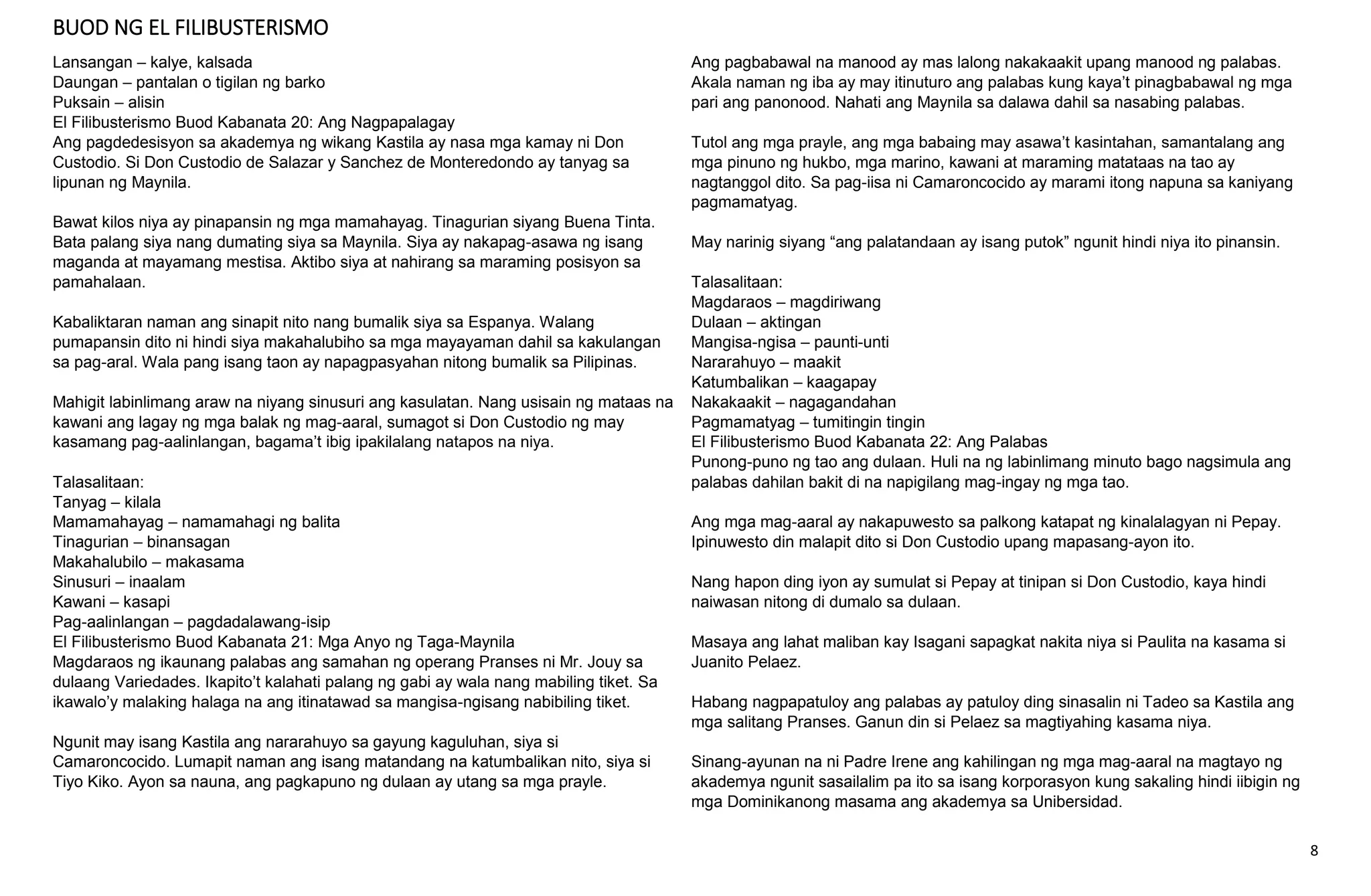 Buod ng Bawat Kabanata ng El Filibusterismo | DOCX