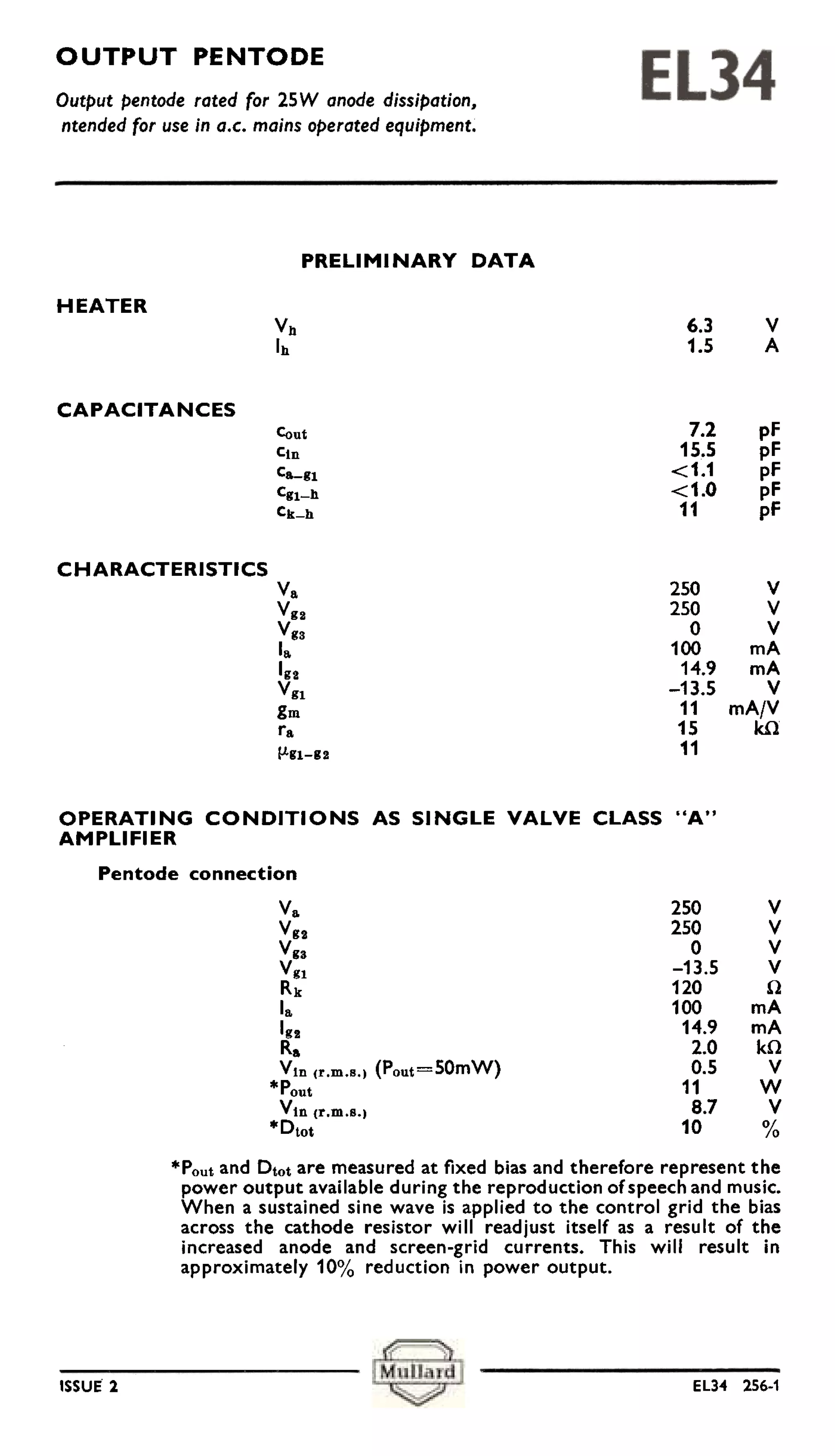 Valve & Amplifier Design, EL34 (6CA7) Data, Mullard Valves | PDF