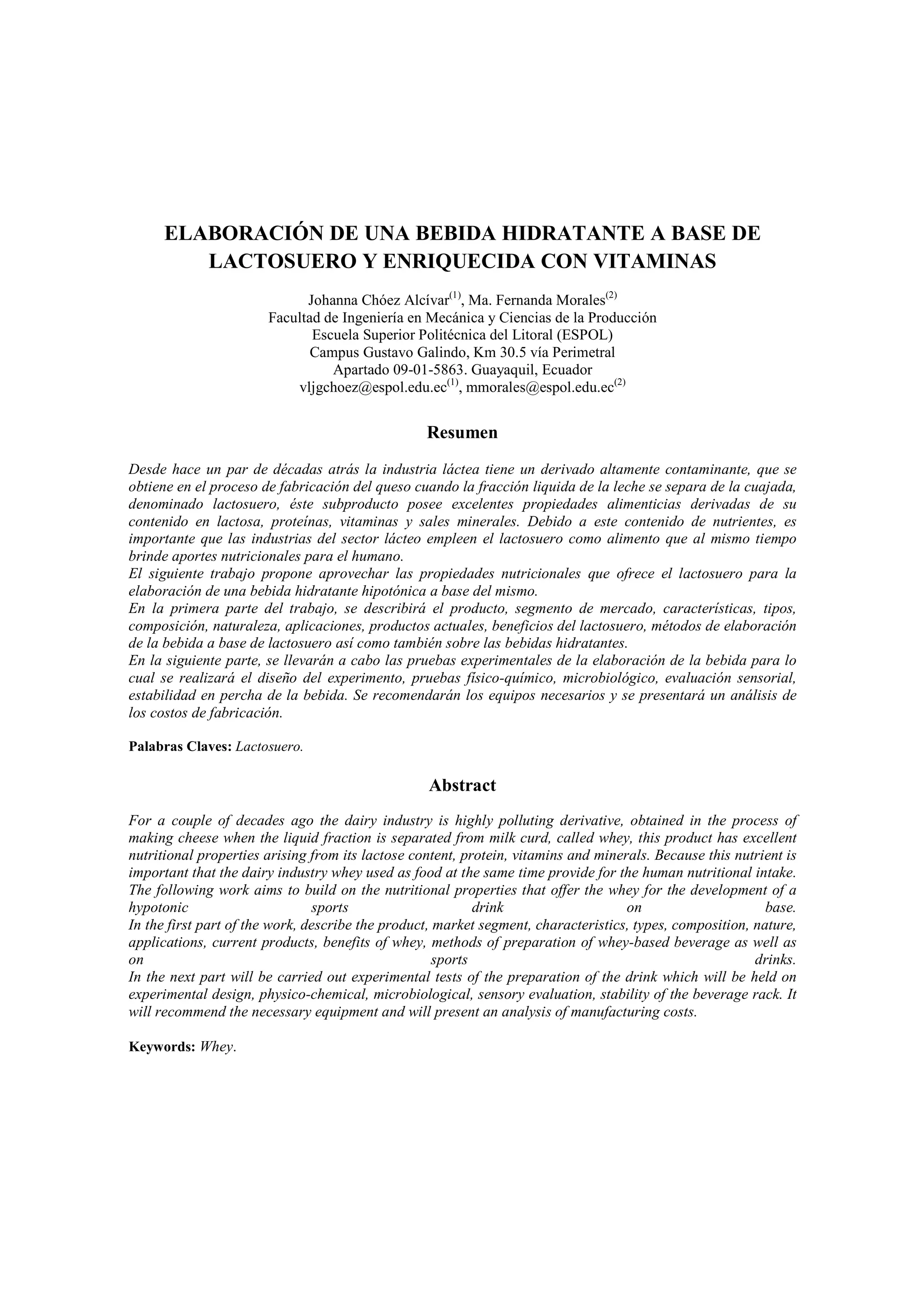 Elaboracion de una bebida hidratante a base de lactosuero | PDF