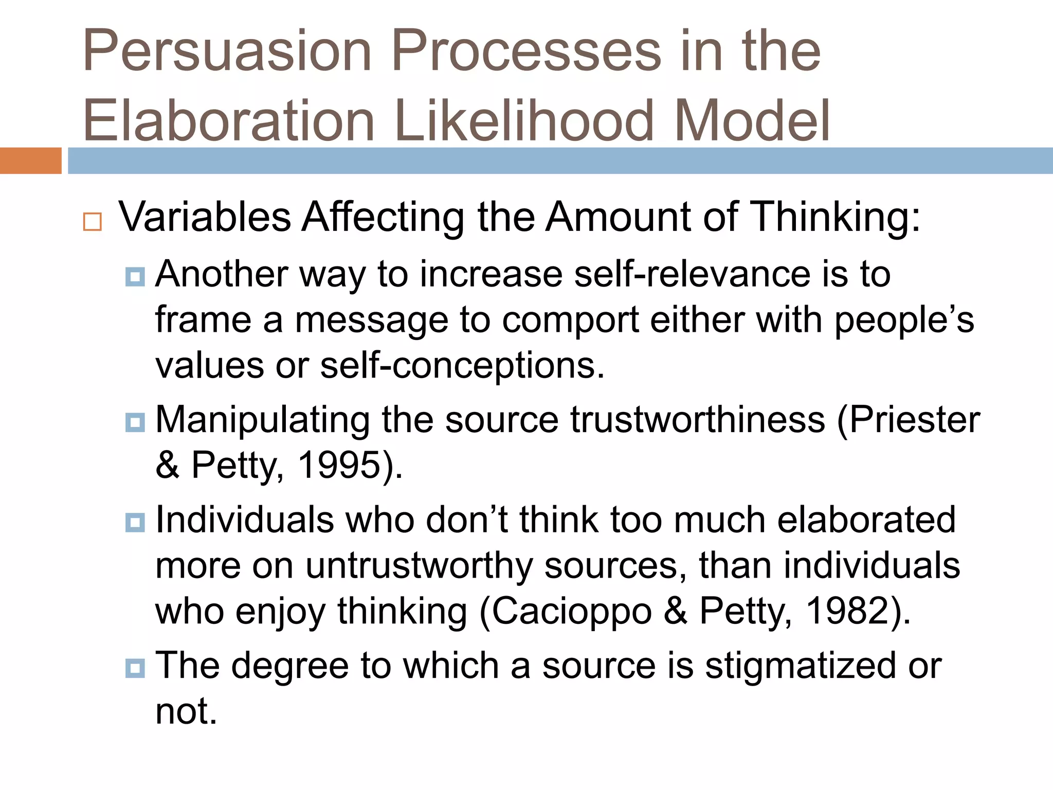 Elaboration likelihood model - a book chapter by Petty, Briniol and Priester | PPT