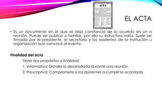 El acta bien. Elementos, tipos, estructura, ejercicios. Modelos de las ...