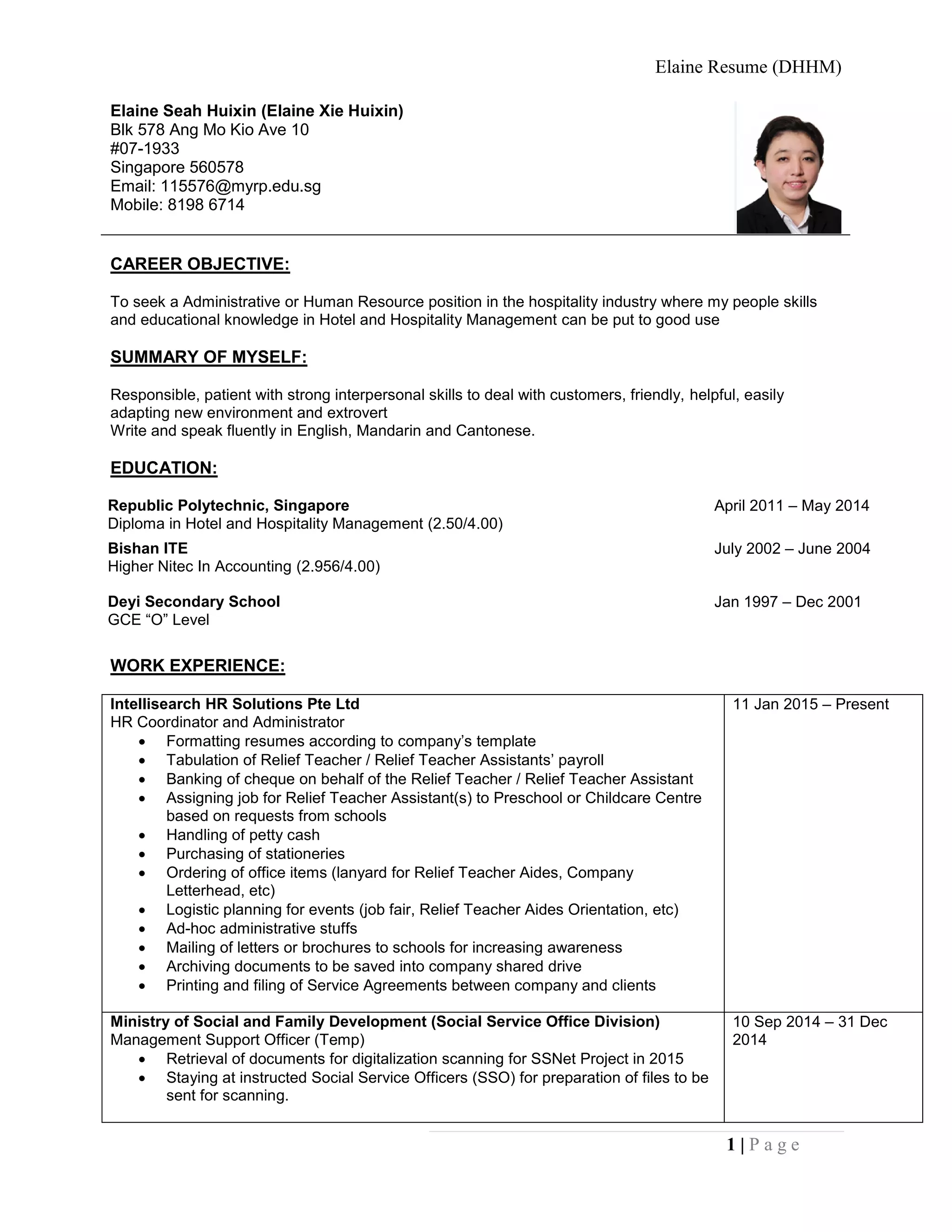 Elaine resume hospitality portfolio | PDF