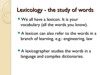 English Language - Lexicology and Word classes | PPT