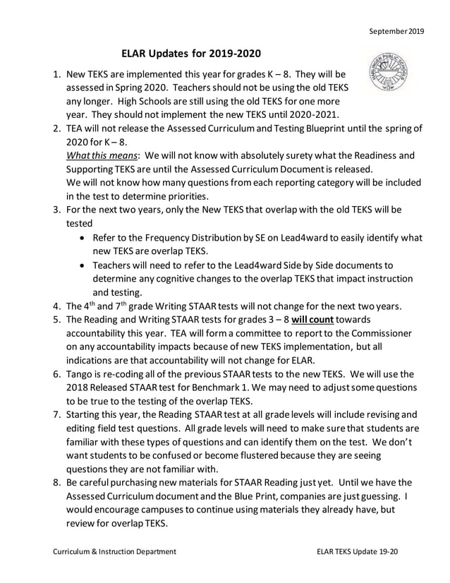 Elar updates for 2019 | DOCX | Educational Assessment | Education