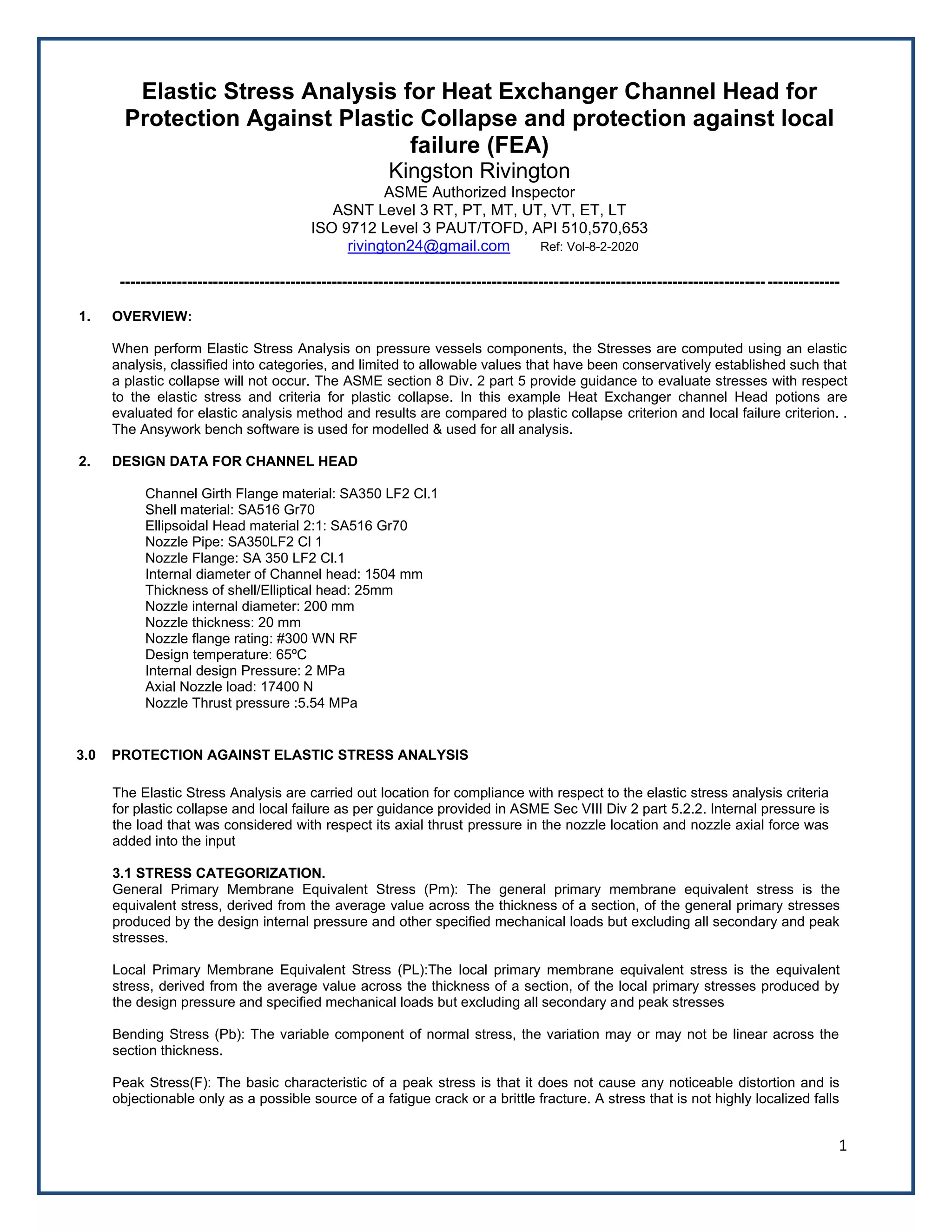 Elastic stress analysis for heat exchanger channel head for protection ...