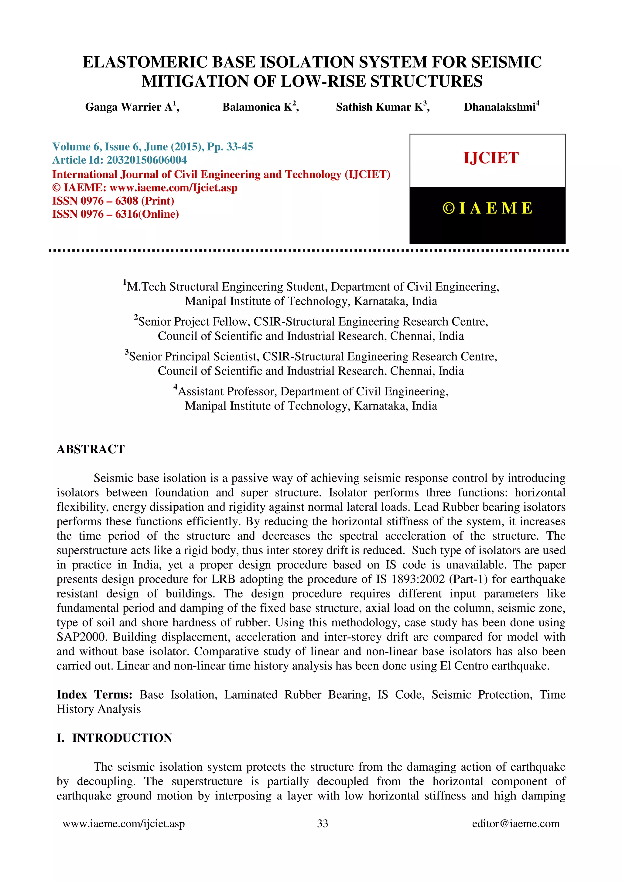 Elastomeric base isolation system for seismic mitigation of low rise ...