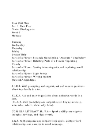 ELA Unit PlanPart 1 Unit PlanGrade Kindergarten Week 1.docx