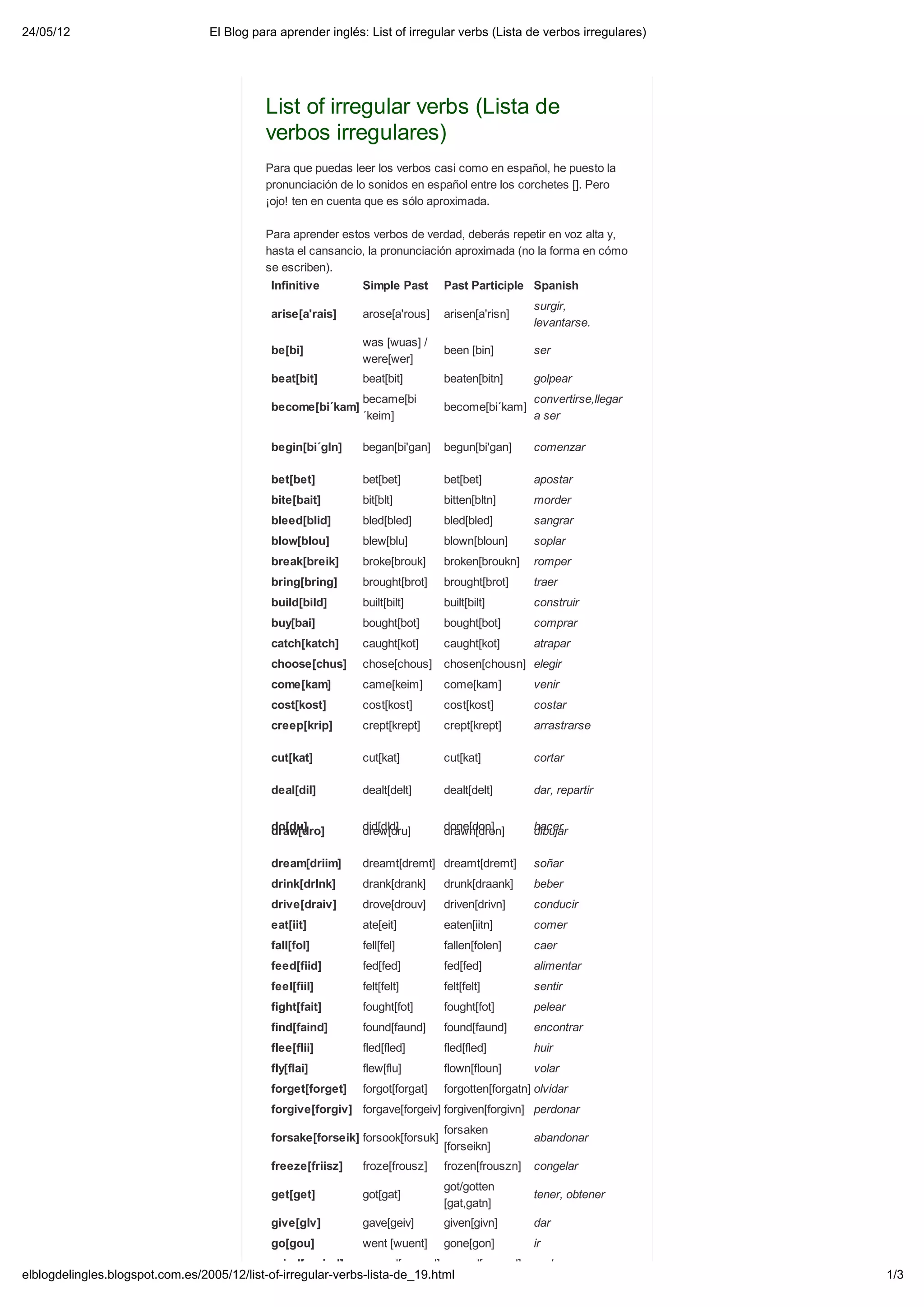 El blog para aprender inglés list of irregular verbs (lista de verbos ...
