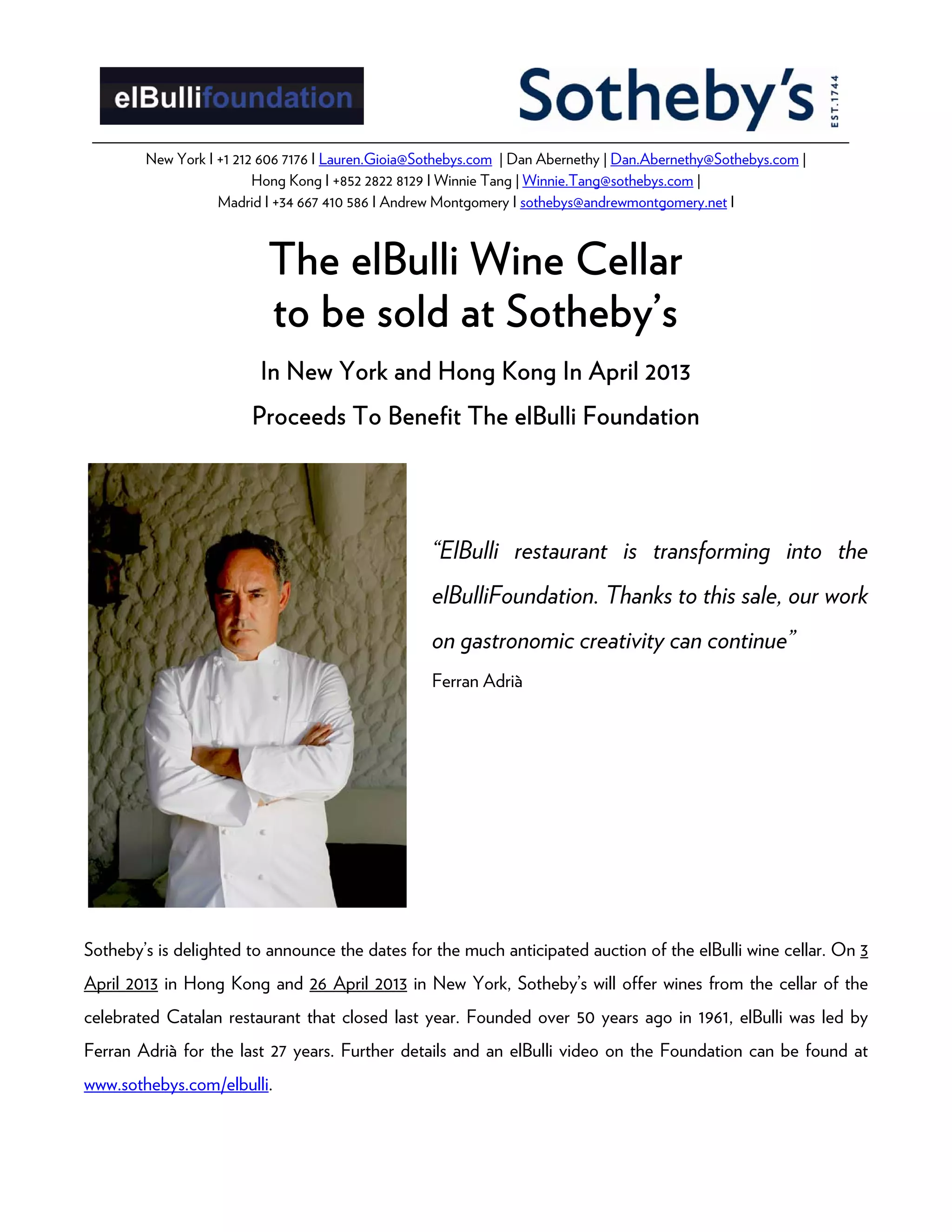 El Bulli winelist at Sothebys for the elBulli Foundation | PDF