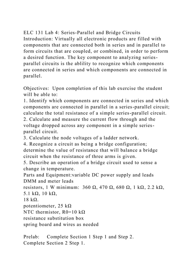 ELC 131 Lab 4 Series-Parallel and Bridge CircuitsIntroduction Vi.docx | Computer Networking ...