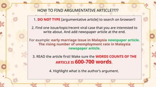 ELC231 ARGUMENTATIVE ESSAY, a baby step to write argumentative essay | PPTX