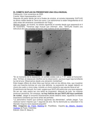 EL COMETA 3I ATLAS HA PRESENTADO UNA COLA INUSUAL - spaceweather.com ...