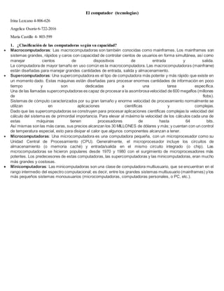 Tipos de computadoras y sus características. | DOCX