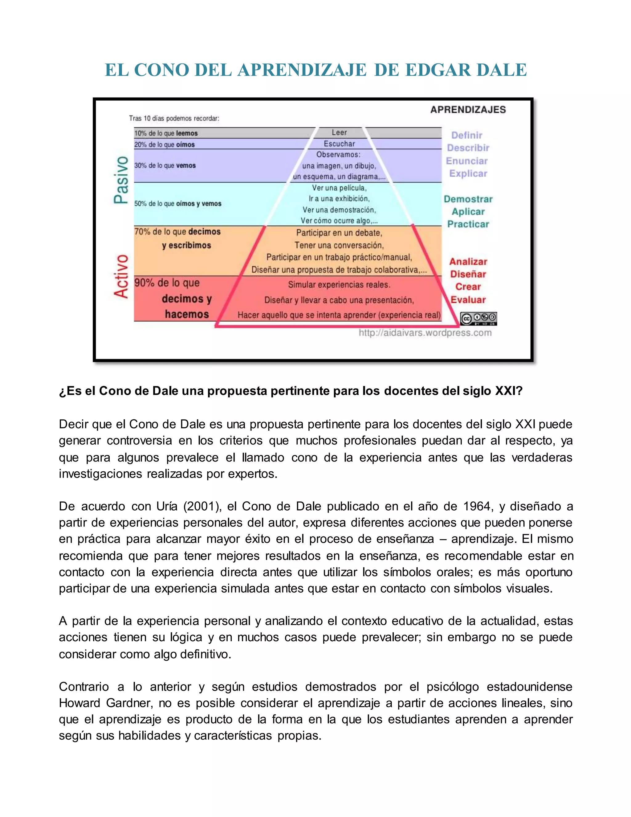 El cono del aprendizaje de edgar dale | PDF