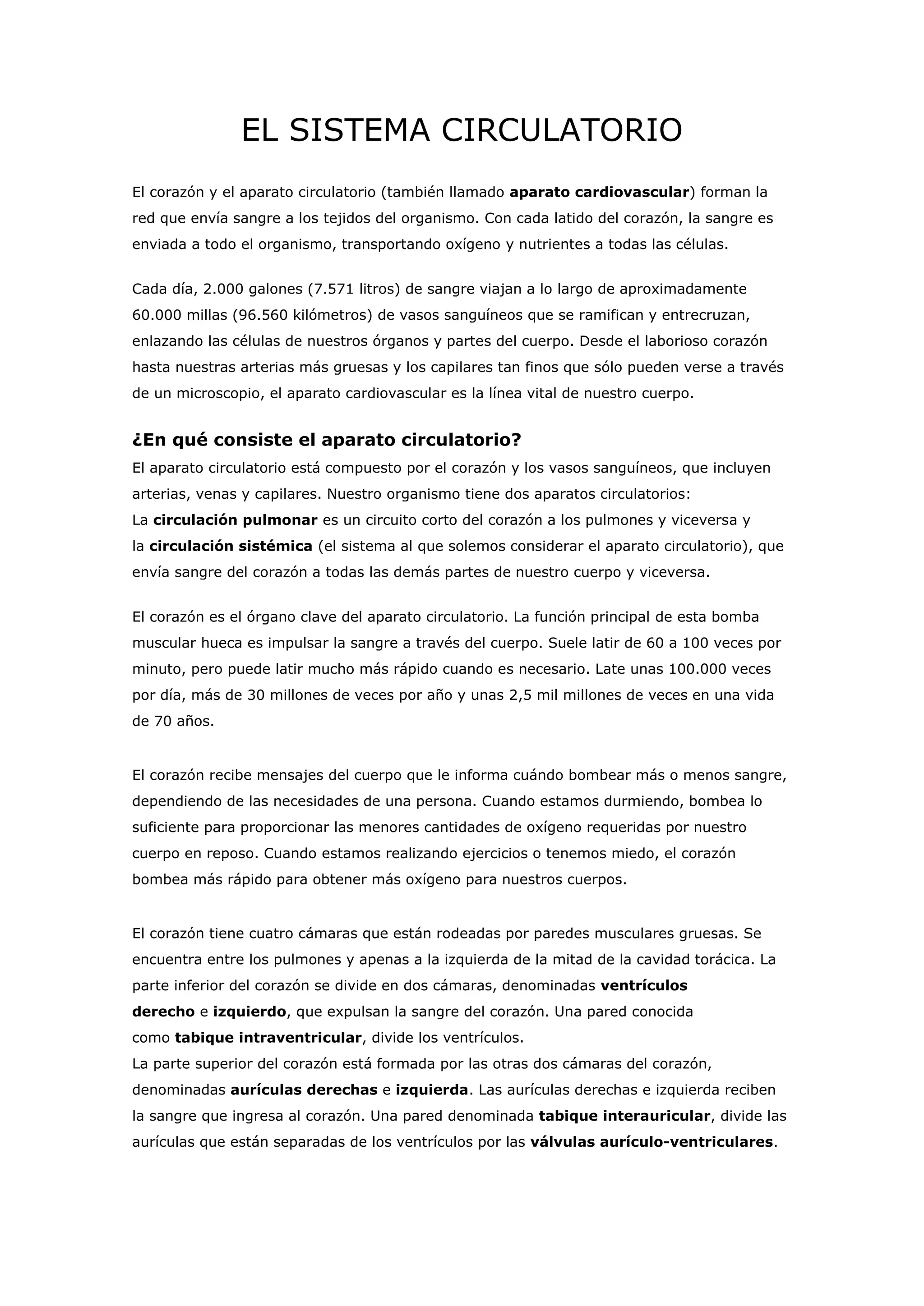 El corazón y el aparato circulatorio | DOCX