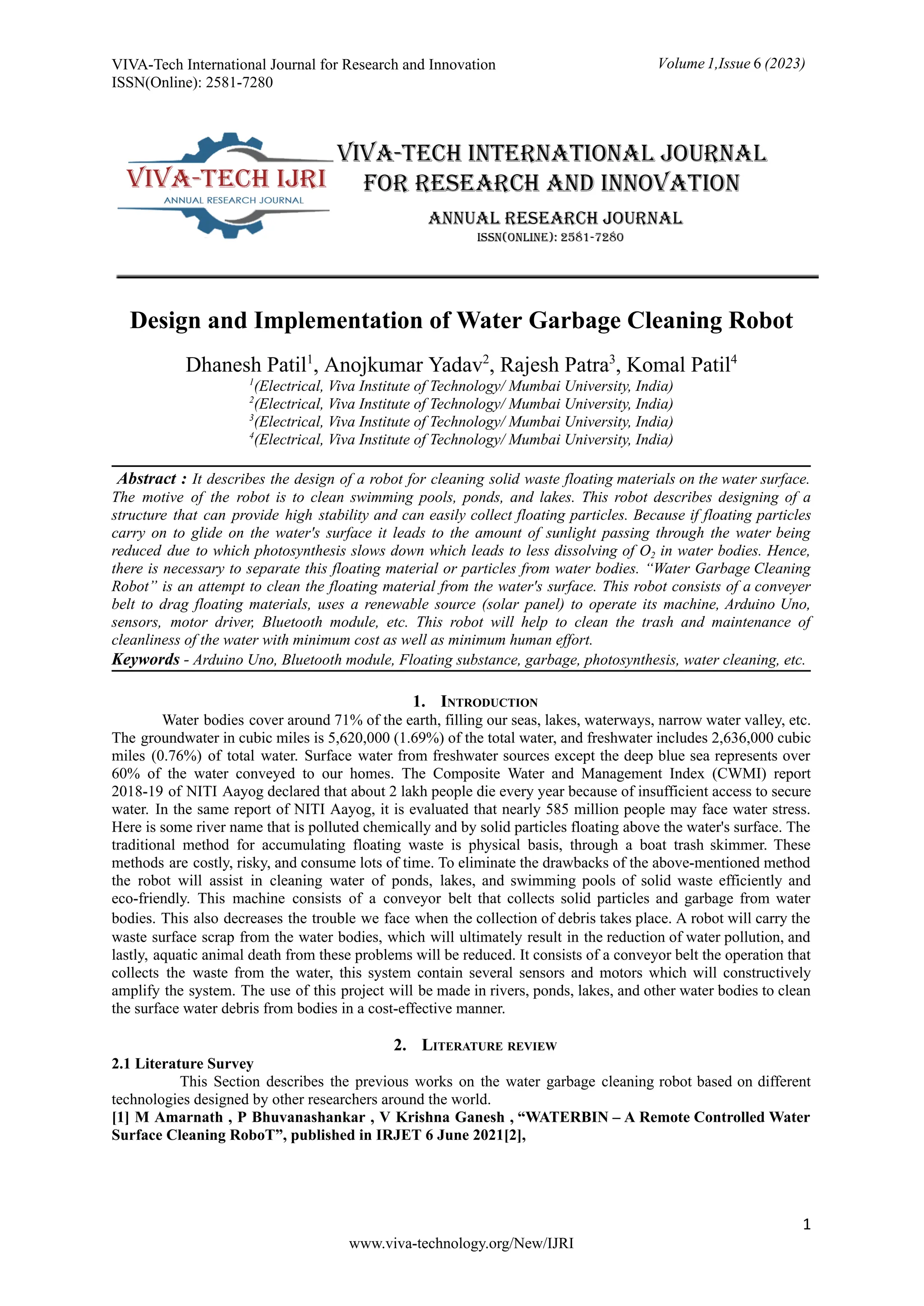 Design and Implementation of Water Garbage Cleaning Robot | PDF
