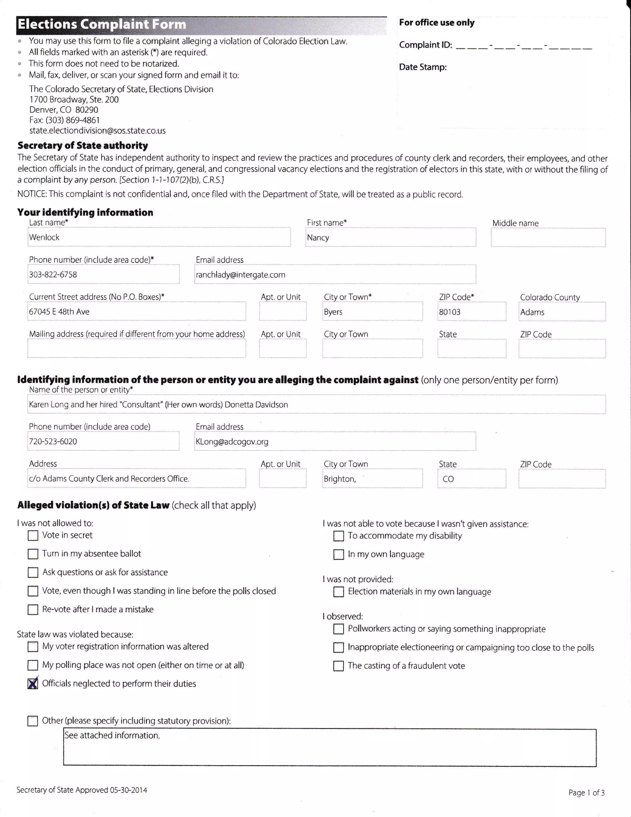 Election complaint page1 10242014 | PDF