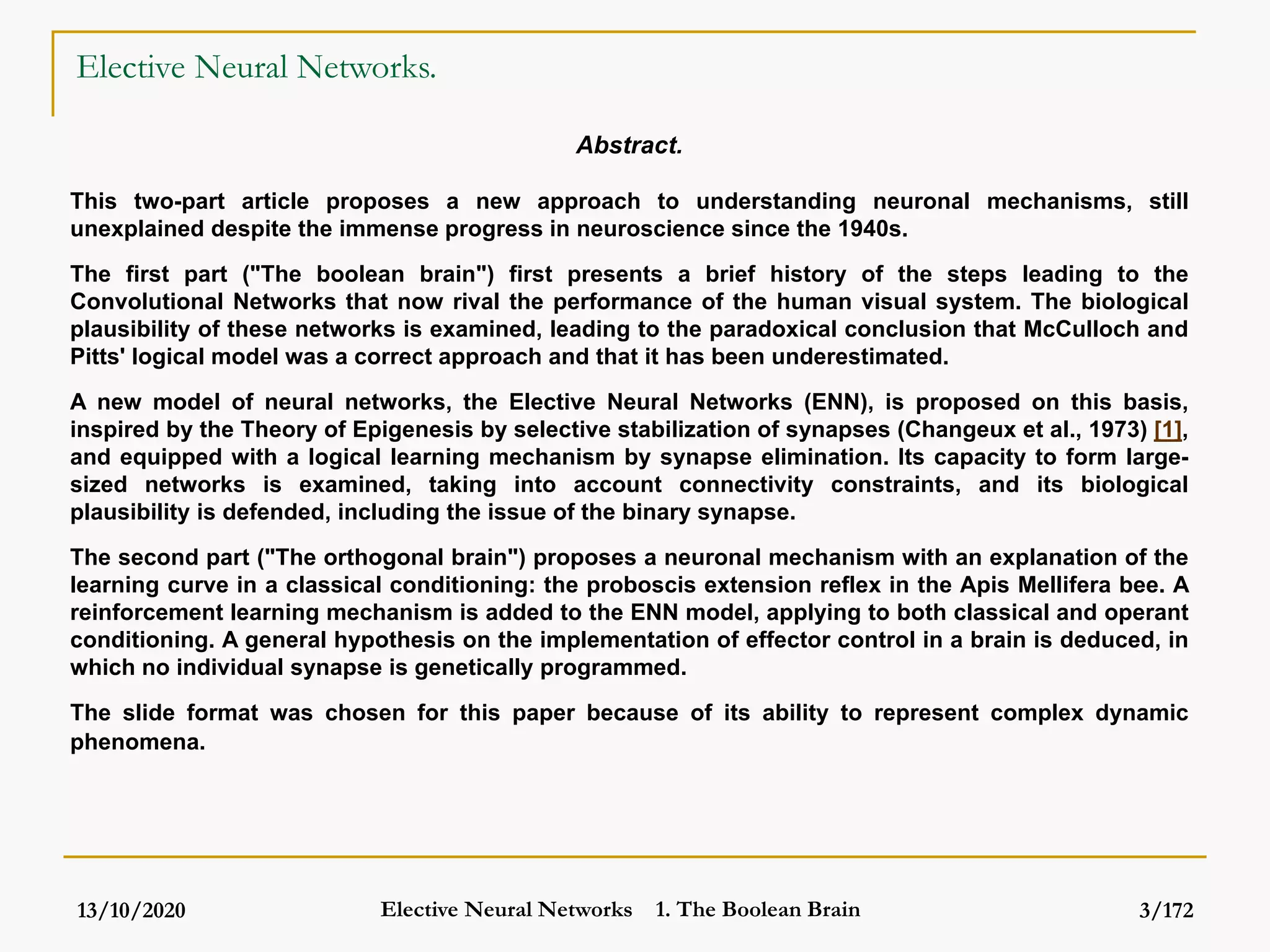 Elective Neural Networks. I. The boolean brain. On a Heuristic Point of ...