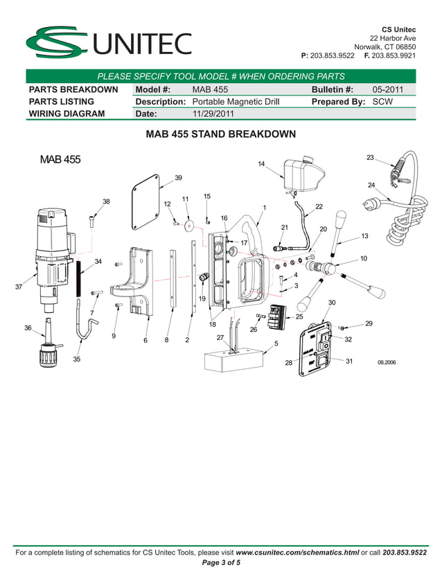 CS Unitec Electric Magnetic Drills Schematic: MAB 455 | PDF