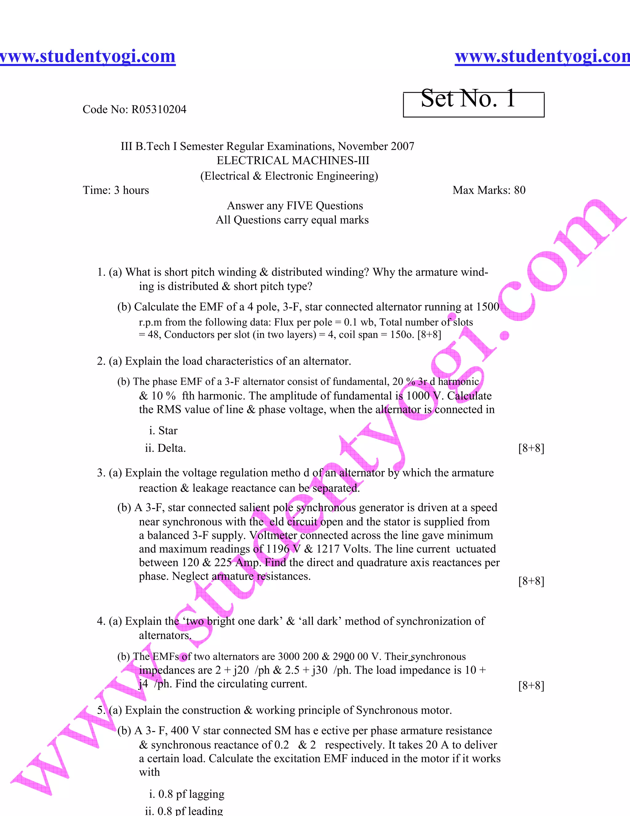 Electrical Machines Iii Jntu Model Paper{Www.Studentyogi.Com} | PDF