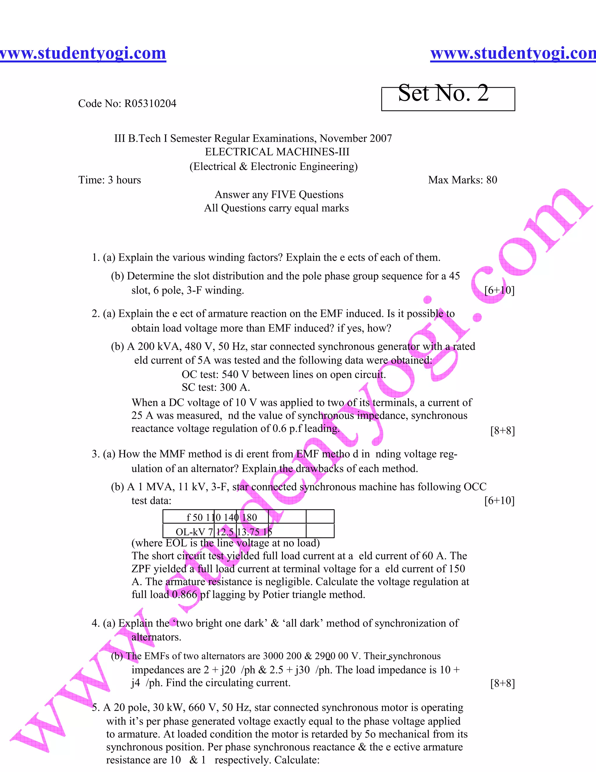 Electrical Machines Iii Jntu Model Paper{Www.Studentyogi.Com} | PDF