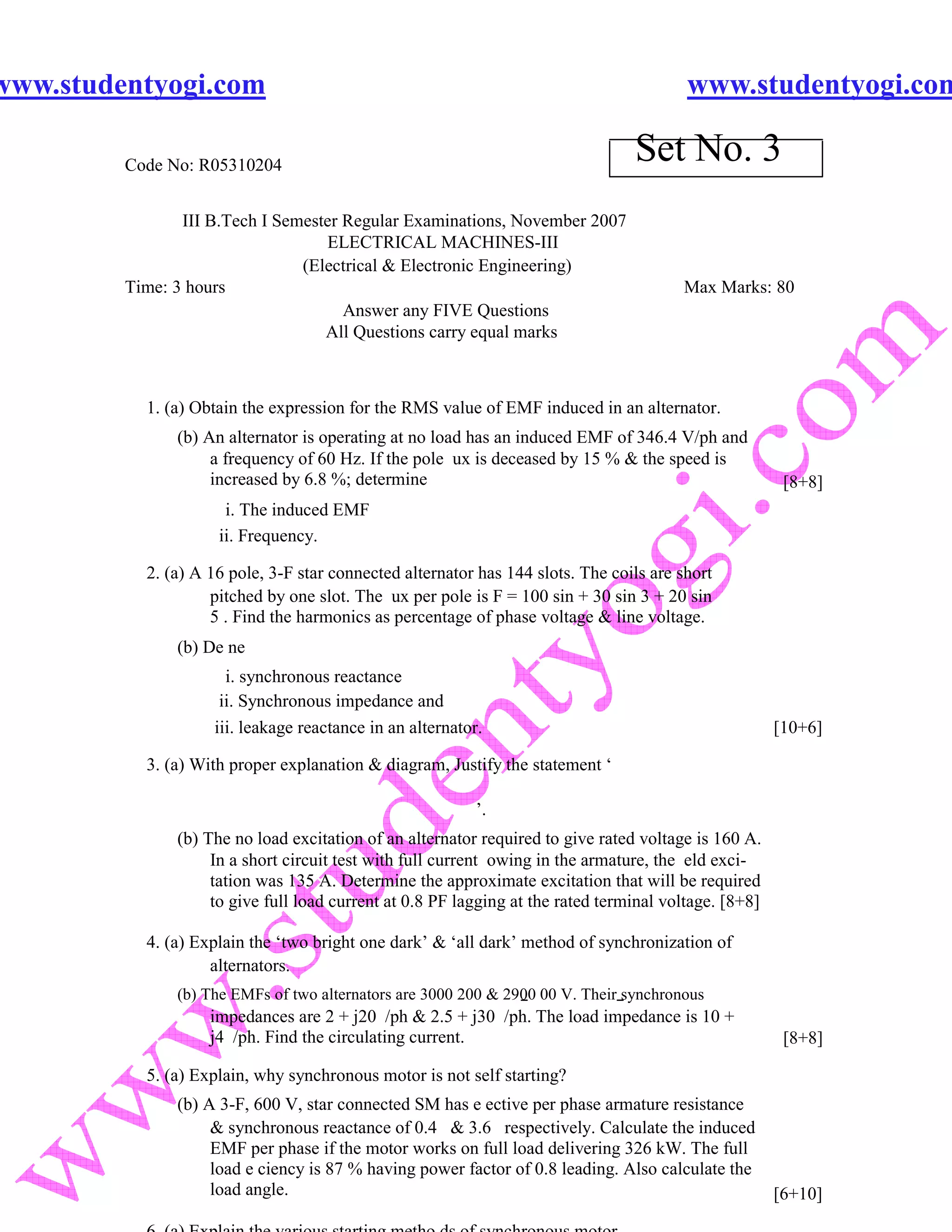 Electrical Machines Iii Jntu Model Paper{Www.Studentyogi.Com} | PDF