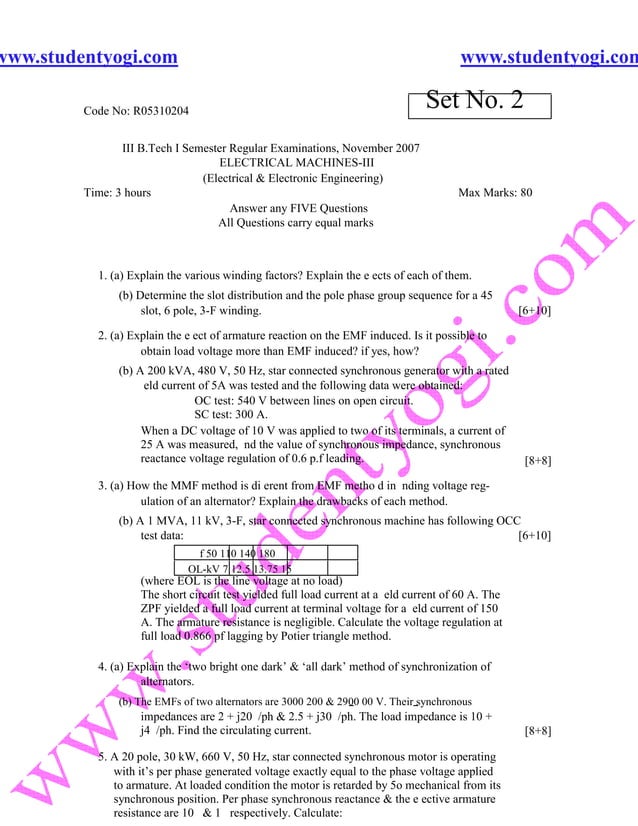 Electrical Machines Iii Jntu Model Paper{Www.Studentyogi.Com} | PDF