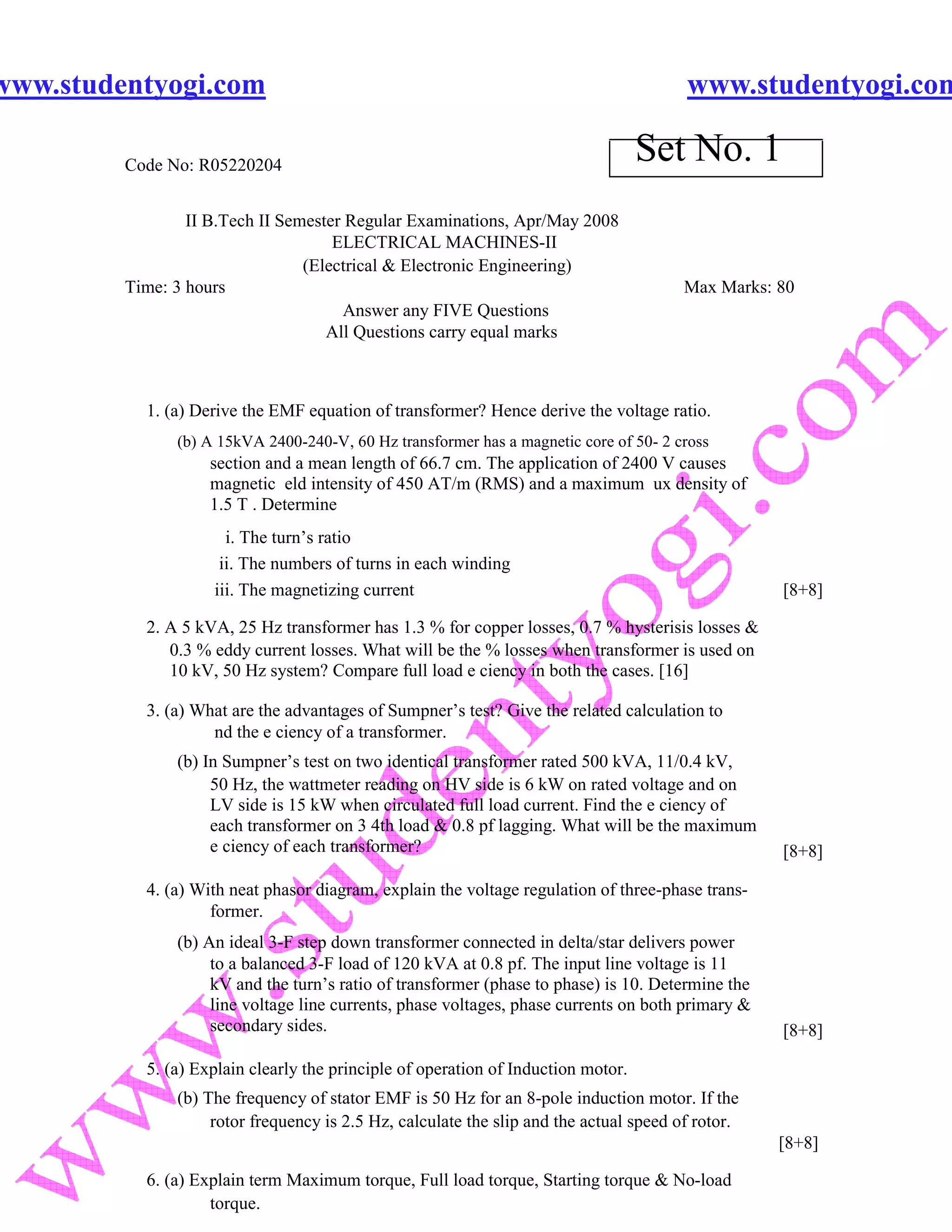 Electrical Machines Ii Jntu Model Paper{Www.Studentyogi.Com} | PDF