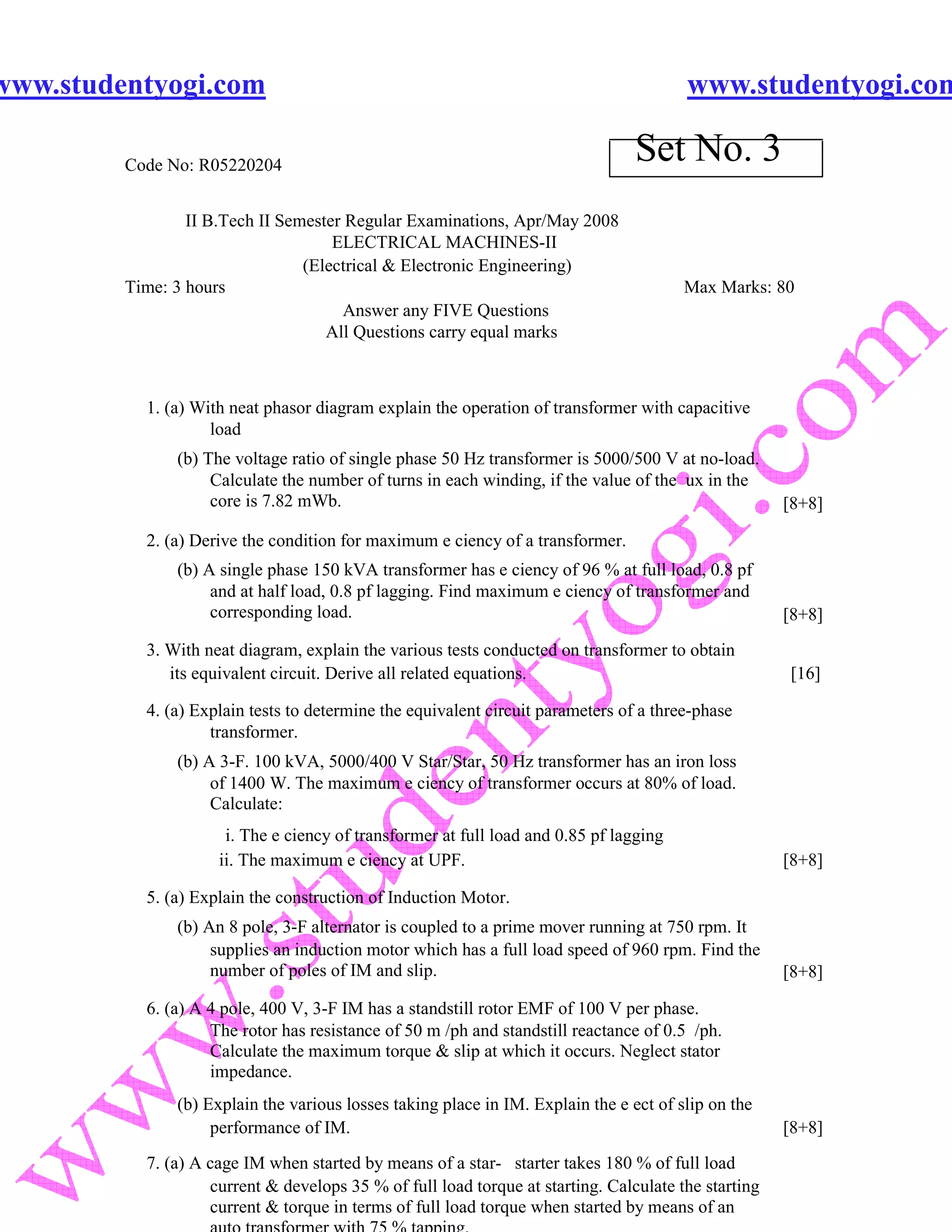 Electrical Machines Ii Jntu Model Paper{Www.Studentyogi.Com} | PDF