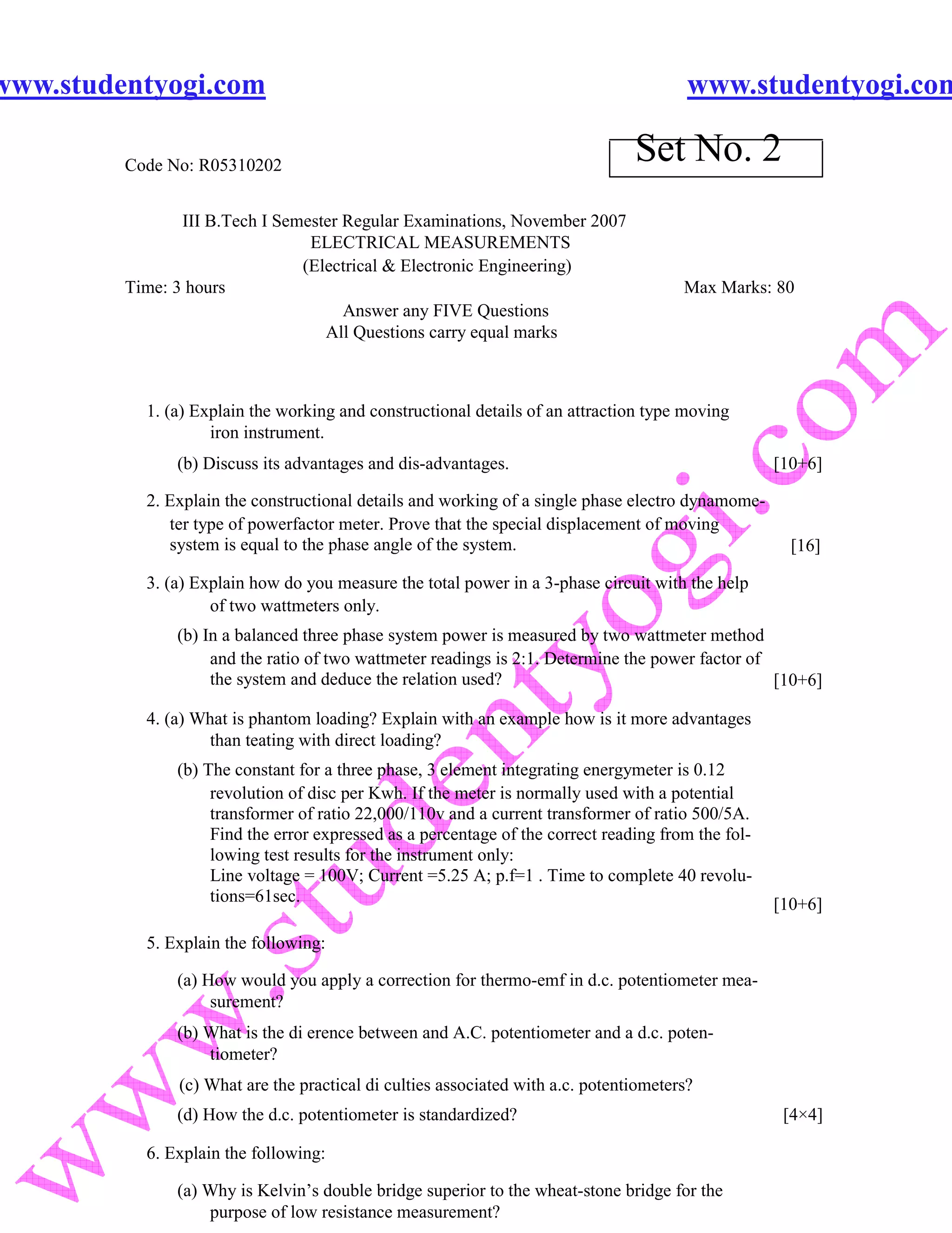 Electrical Measurements Jntu Model Paper{Www.Studentyogi.Com} | PDF
