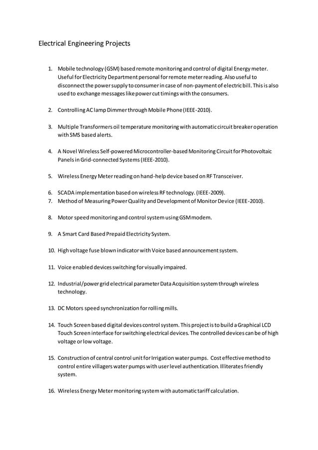 Electrical and electronics engineering projects list | DOCX