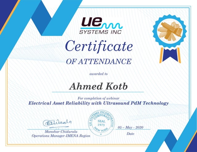 Certificate of Completion "Electrical Asset Reliability with Ultrasound ...