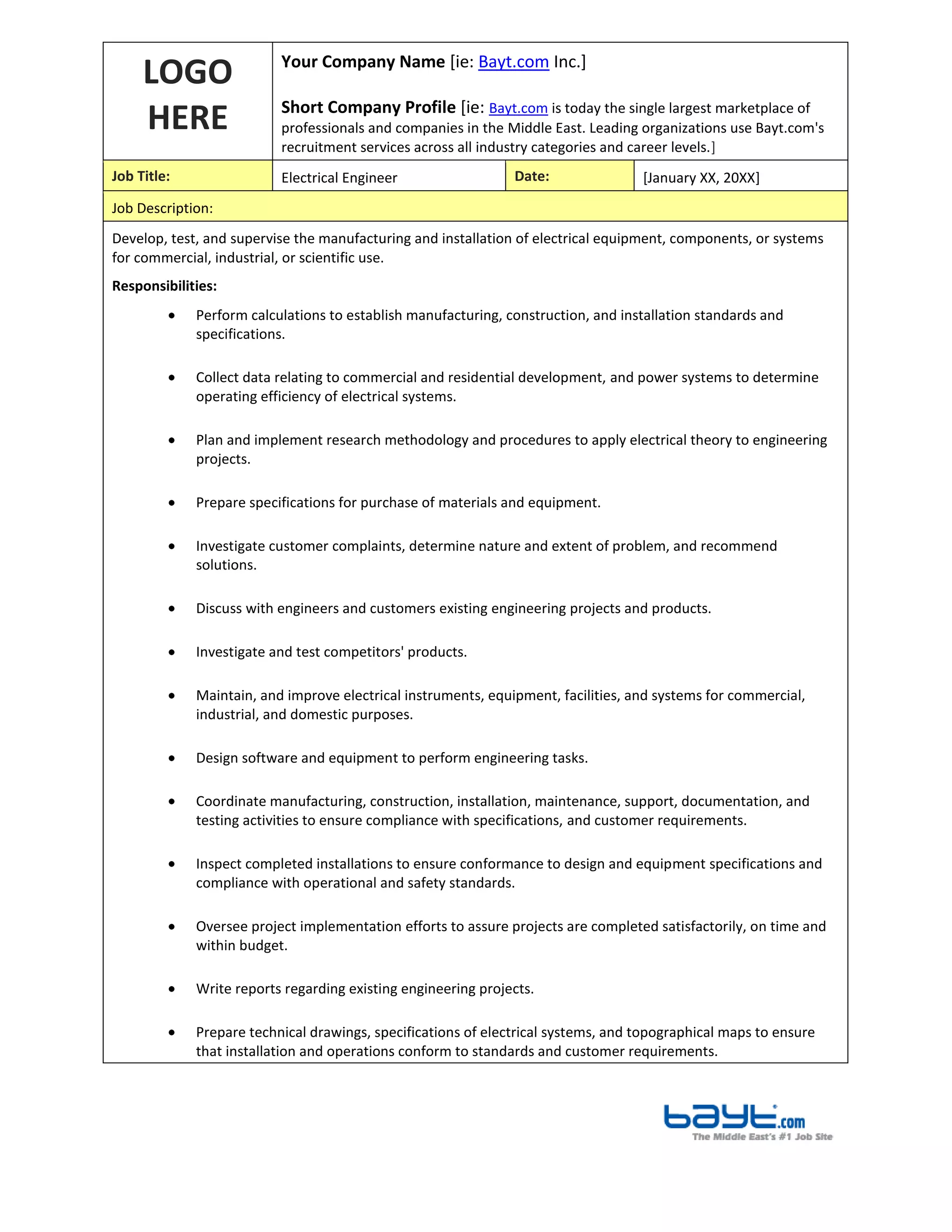 Electrical Engineer Job Description Template by Bayt.com