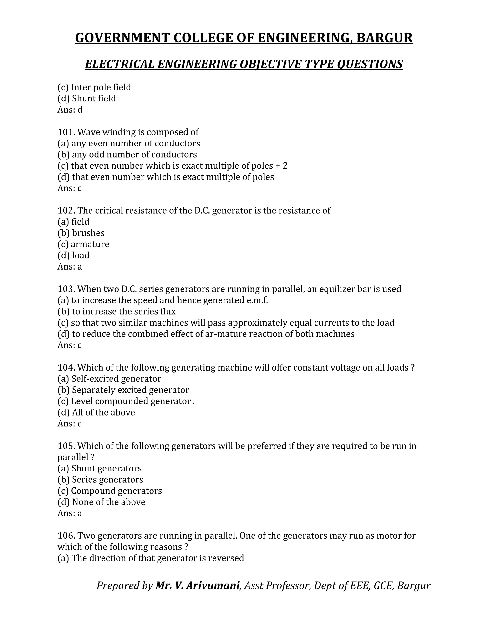 Electrical engineering objective type questions | PDF
