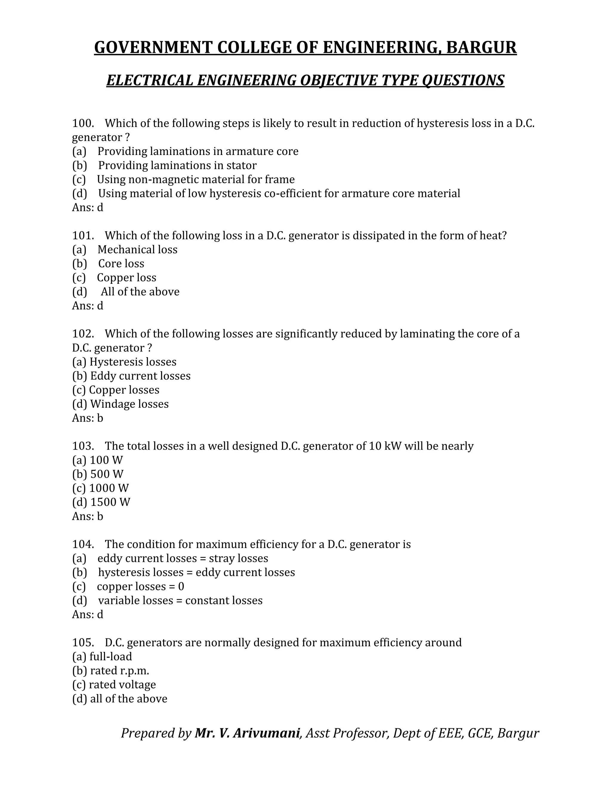 Electrical engineering objective type questions | PDF