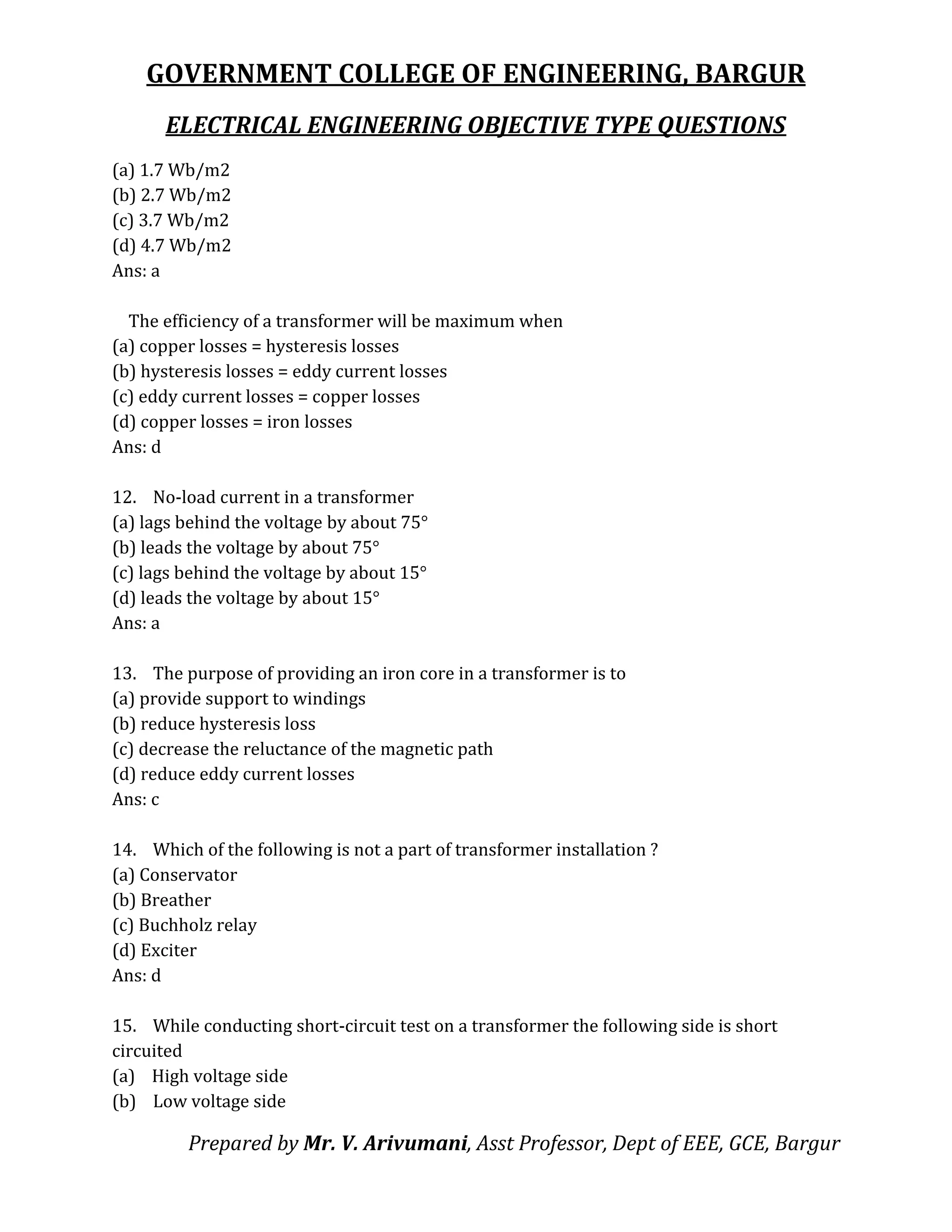 Electrical engineering objective type questions | PDF