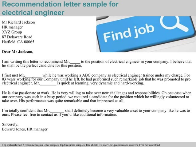 Electrical engineer recommendation letter