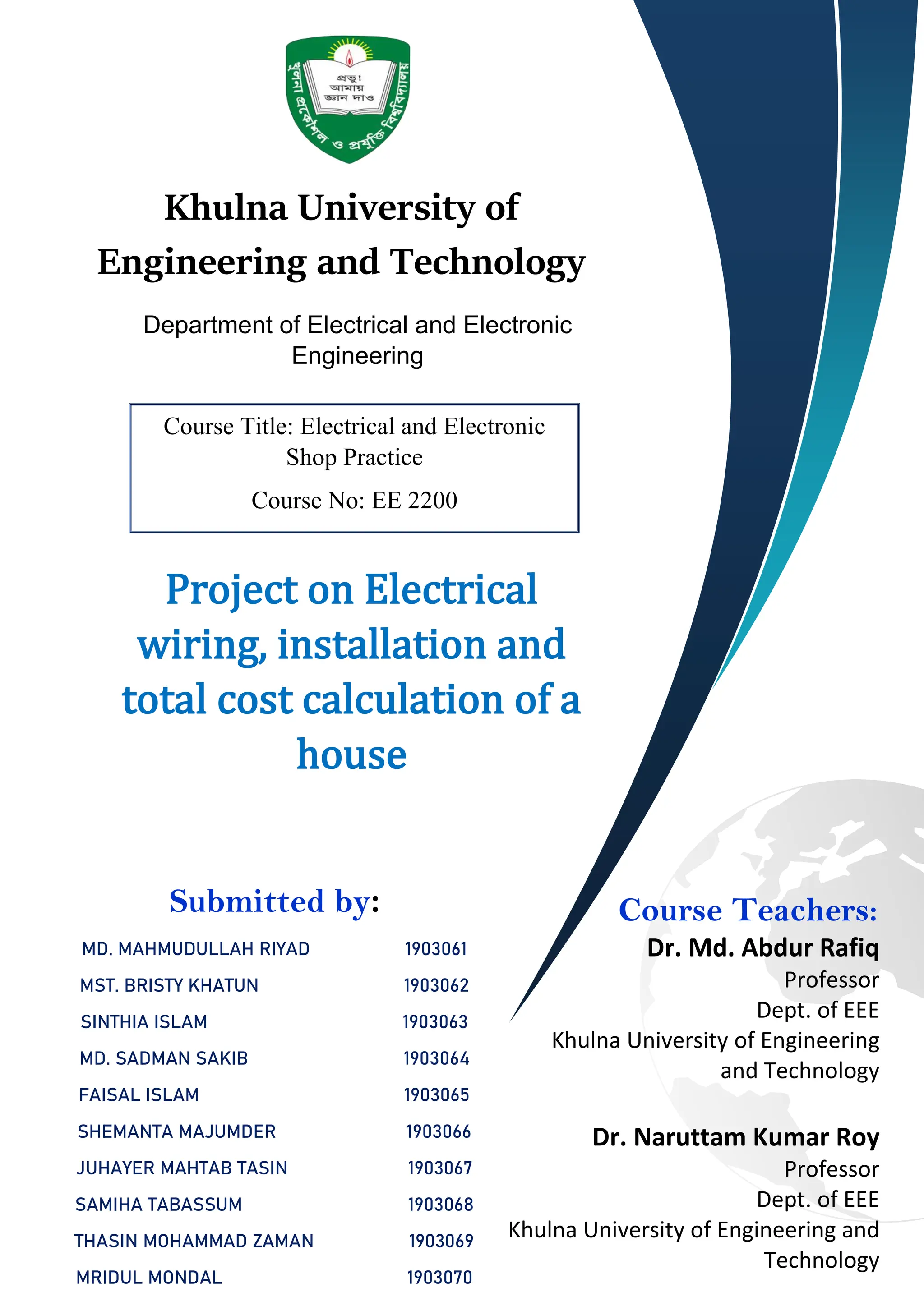 Project on Electrical wiring, installation and total cost calculation of a house | PDF