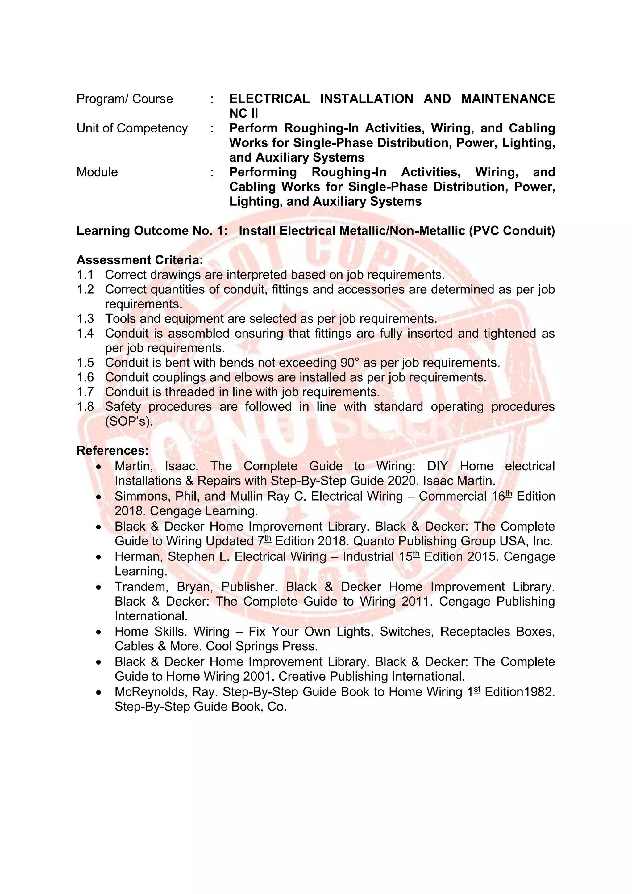 ELECTRICAL INSTALLATION AND MAINTENANCE NC II - CBLM | PDF