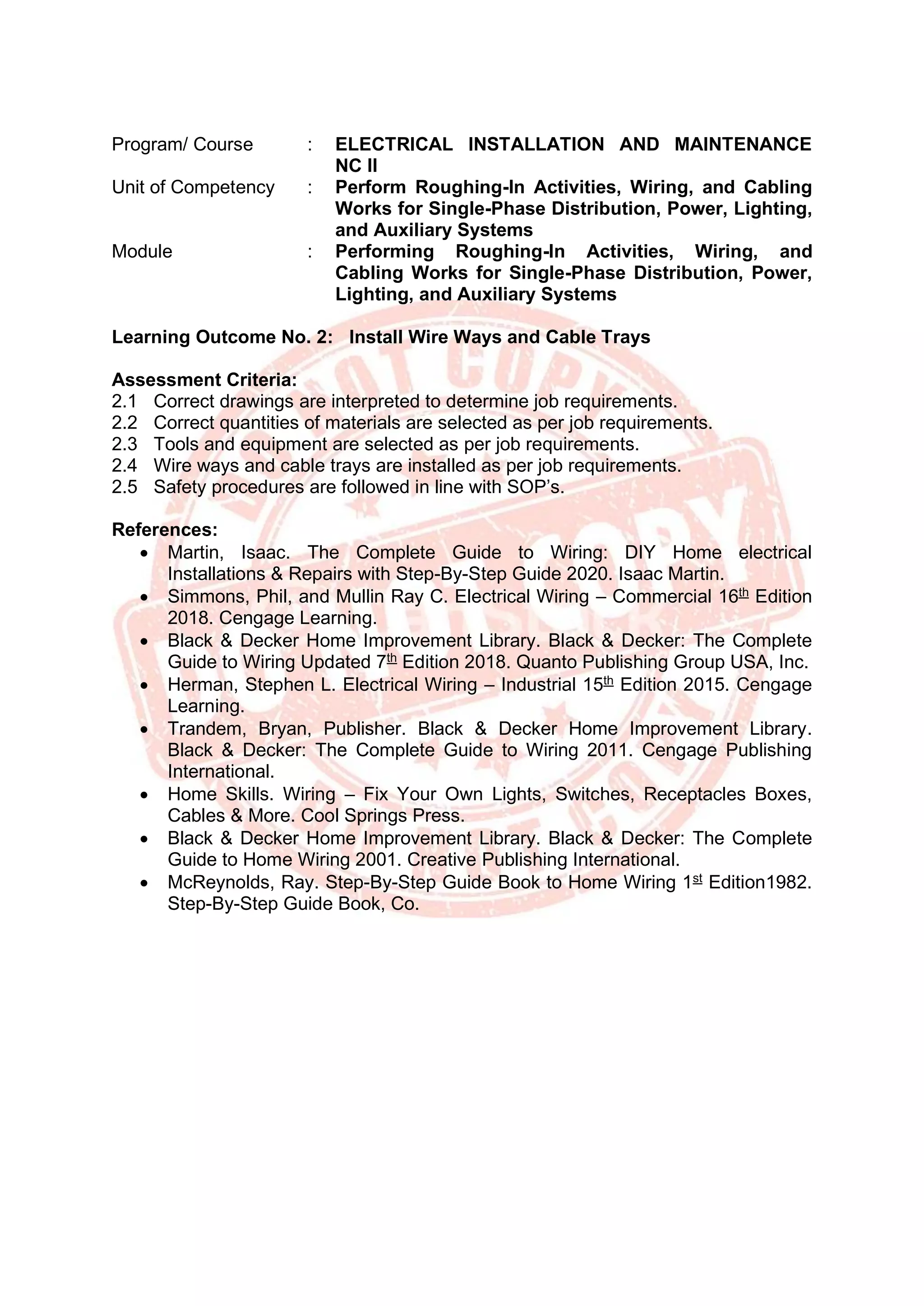 ELECTRICAL INSTALLATION AND MAINTENANCE NC II - CBLM | PDF
