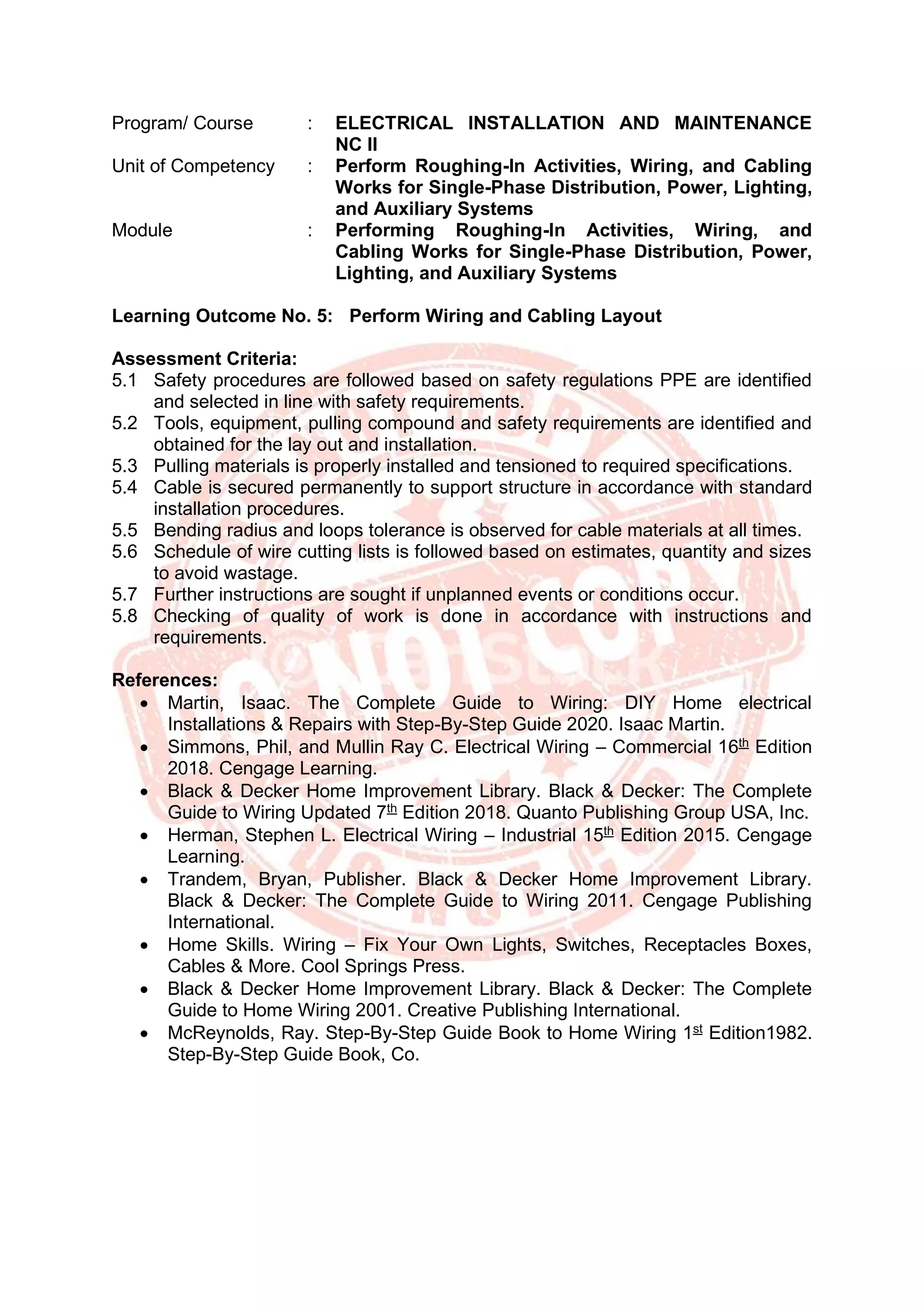 ELECTRICAL INSTALLATION AND MAINTENANCE NC II - CBLM | PDF