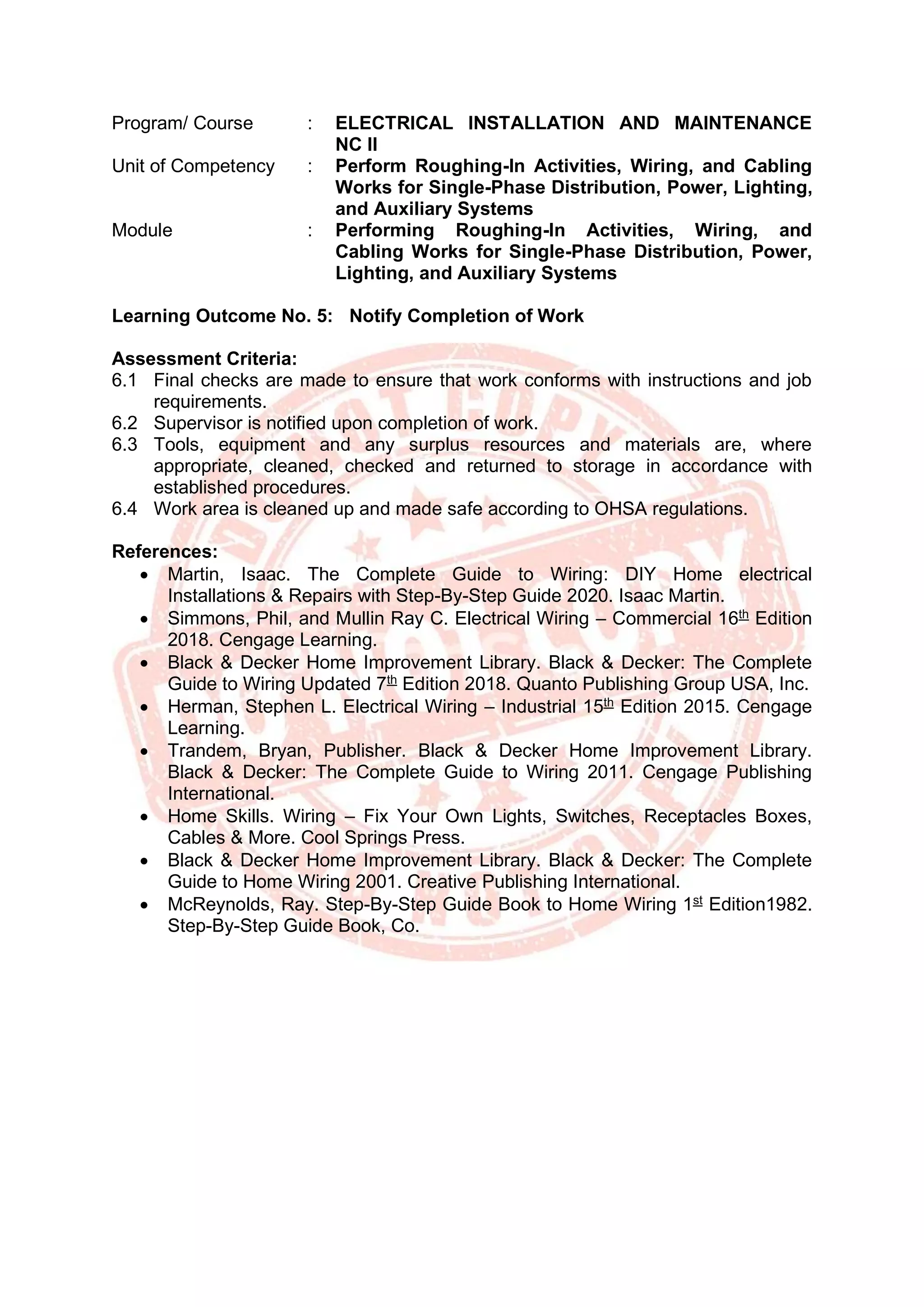 ELECTRICAL INSTALLATION AND MAINTENANCE NC II - CBLM | PDF