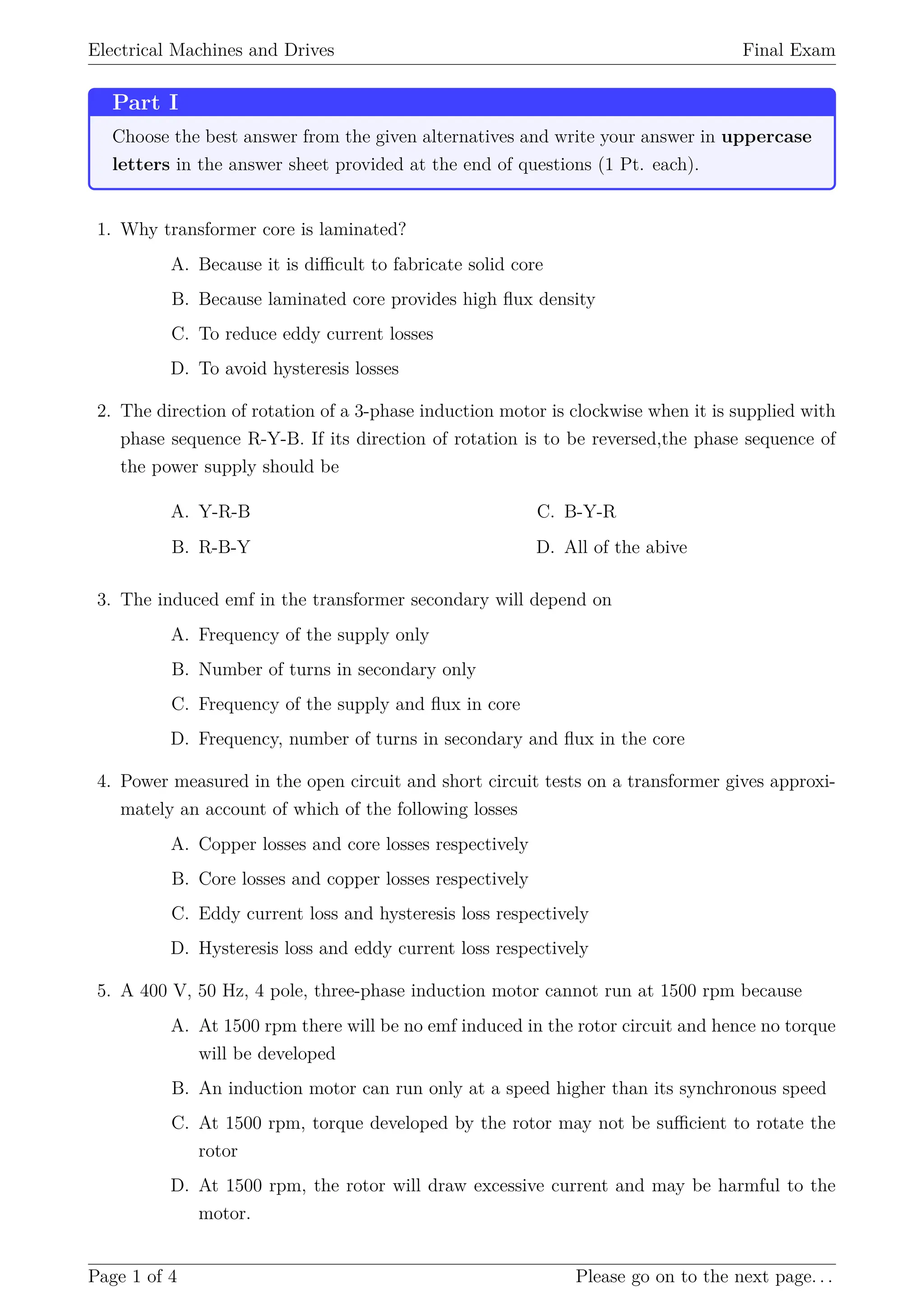 Electrical machines and drive final exam | PDF