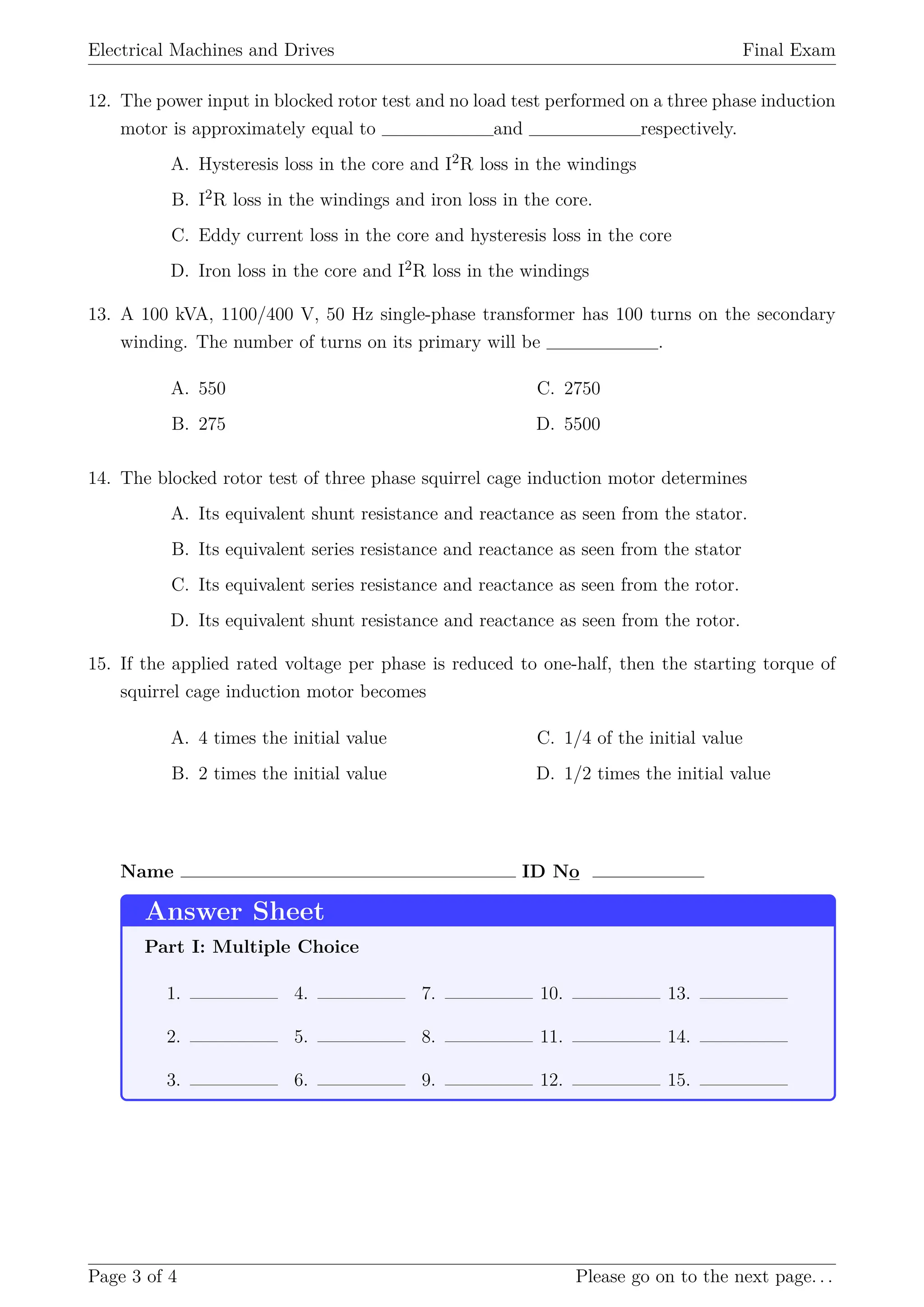 Electrical machines and drive final exam | PDF