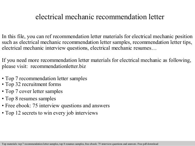 Electrical mechanic recommendation letter