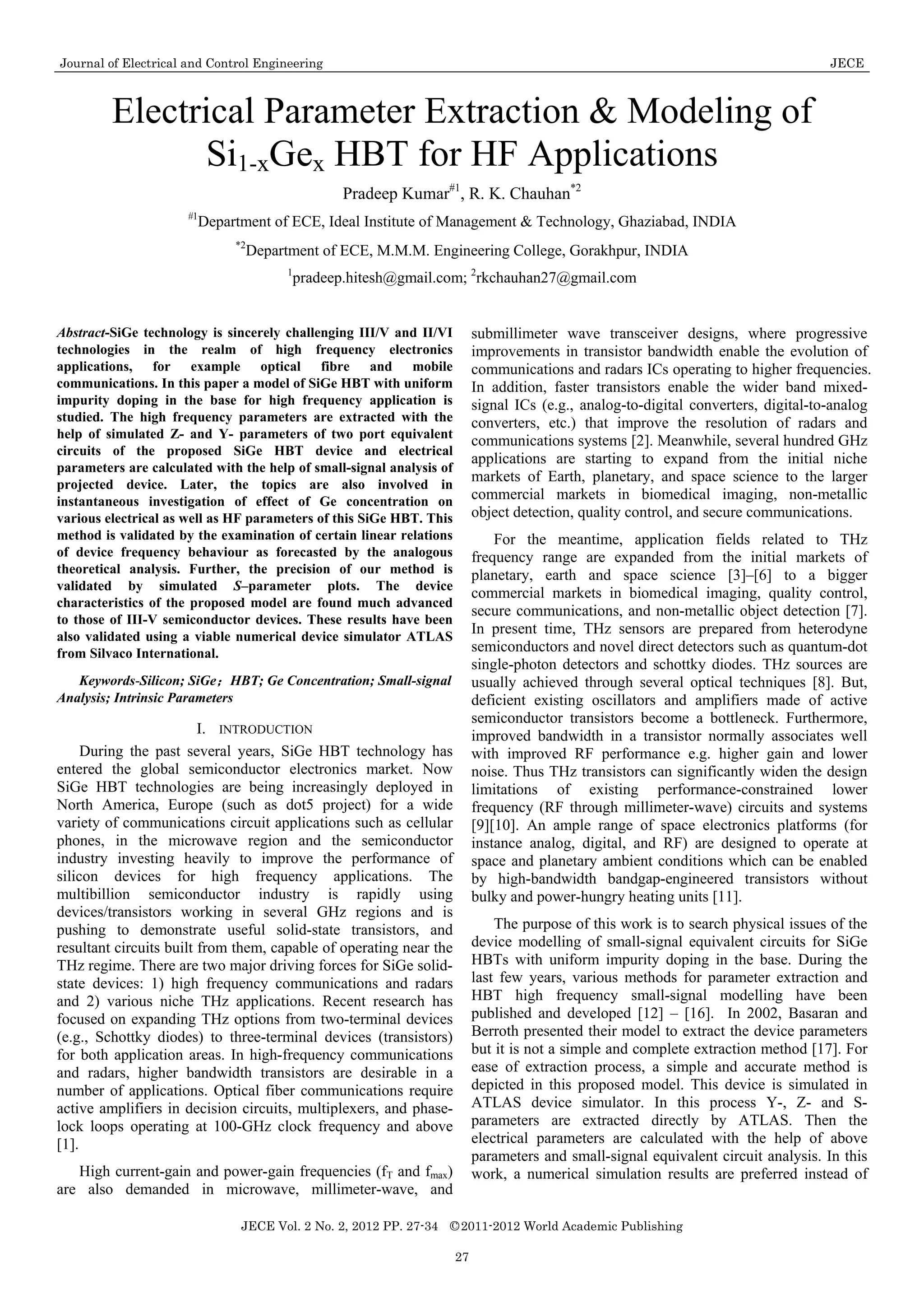 Electrical parameter extraction & modeling of SiGe HBT for HFapplications | PDF