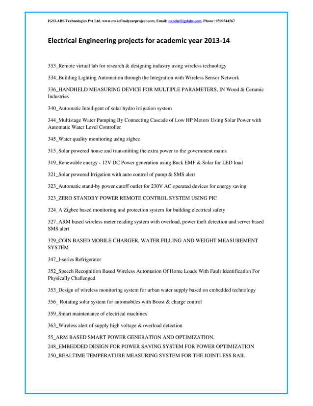 IEEE Electrical Engineering projects for Bangalore Students for Academic year 2013-14 | PDF