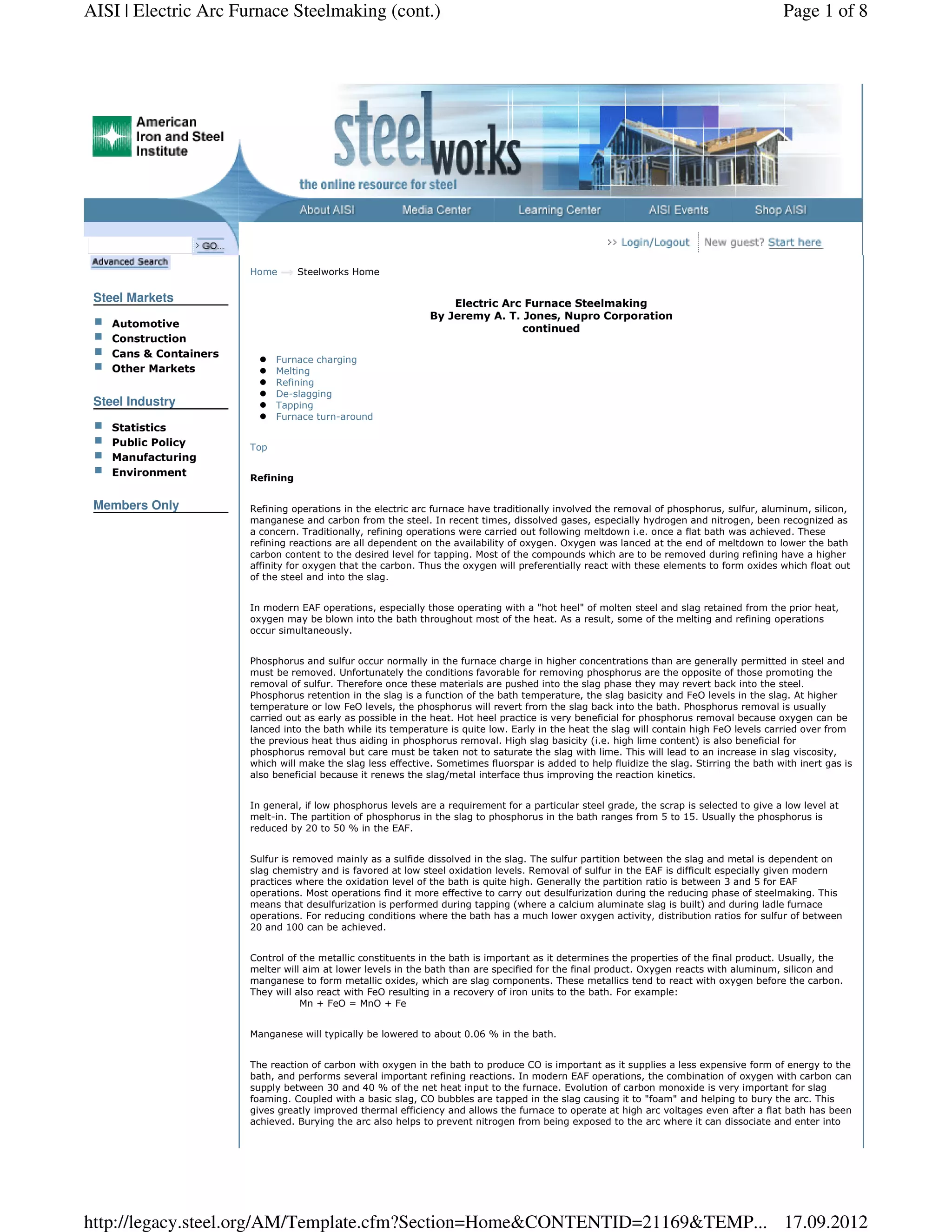 Electric arc furnace steelmaking | PDF