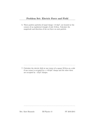 Electric force and field problem set | PDF