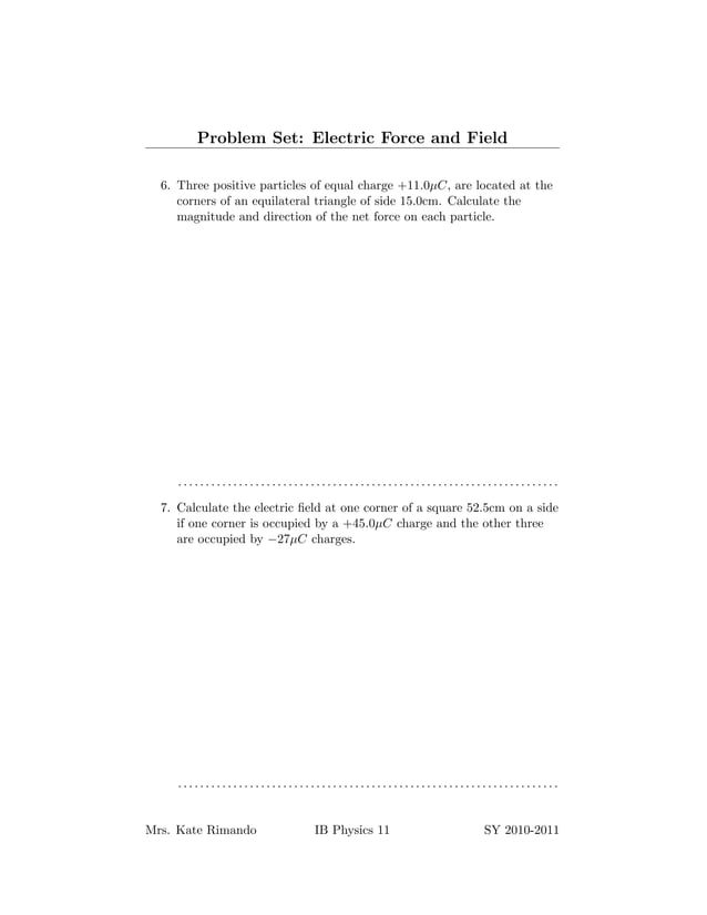 Electric force and field problem set | PDF | Physics | Science